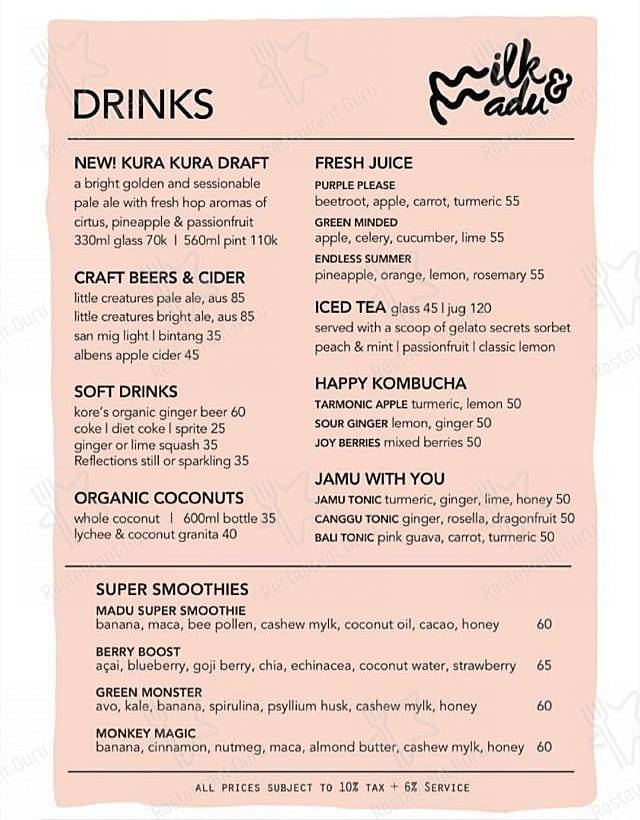Menu at Milk & Madu Ubud cafe, Ubud