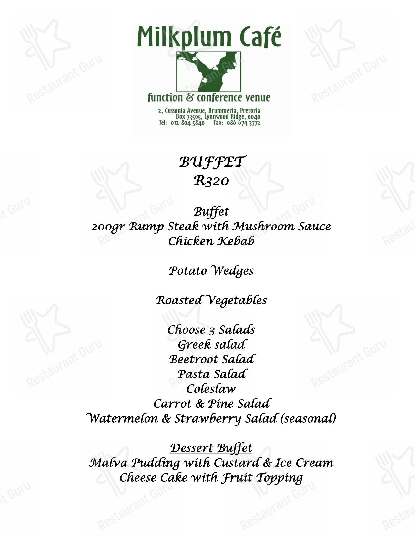 Menu at Milkplum Cafe, Pretoria, 2 Cussonia Ave