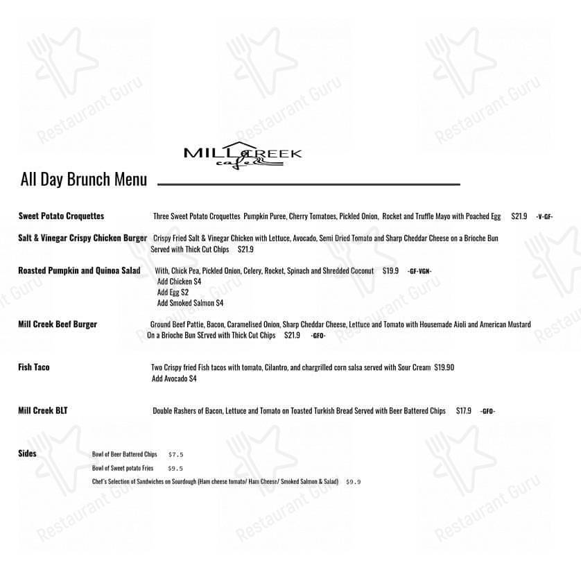 Menu at Mill creek cafe, Dayboro