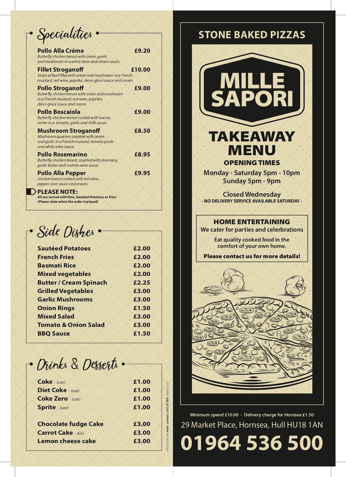 Menu at Mille Sapori restaurant, Hornsea