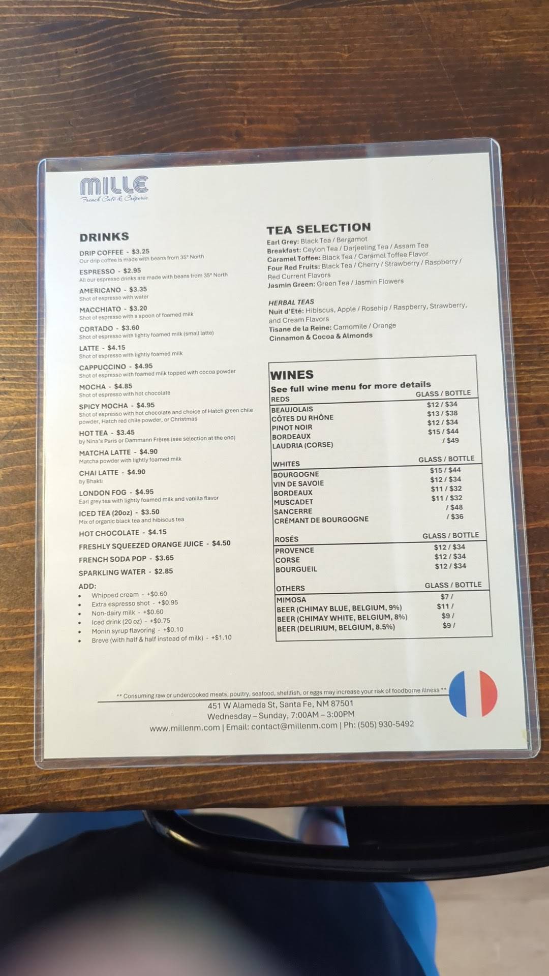 Menu at Mille restaurant, Santa Fe