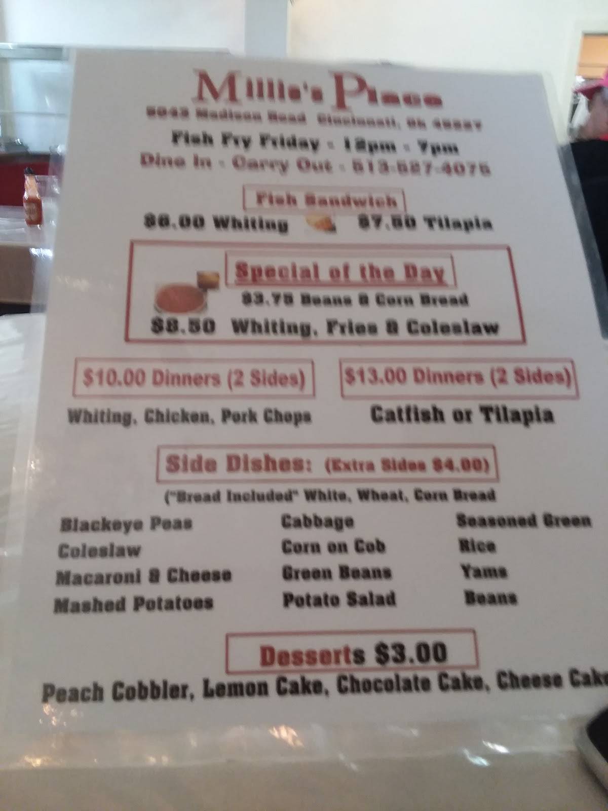 Menu at Millie's Place restaurant, Cincinnati