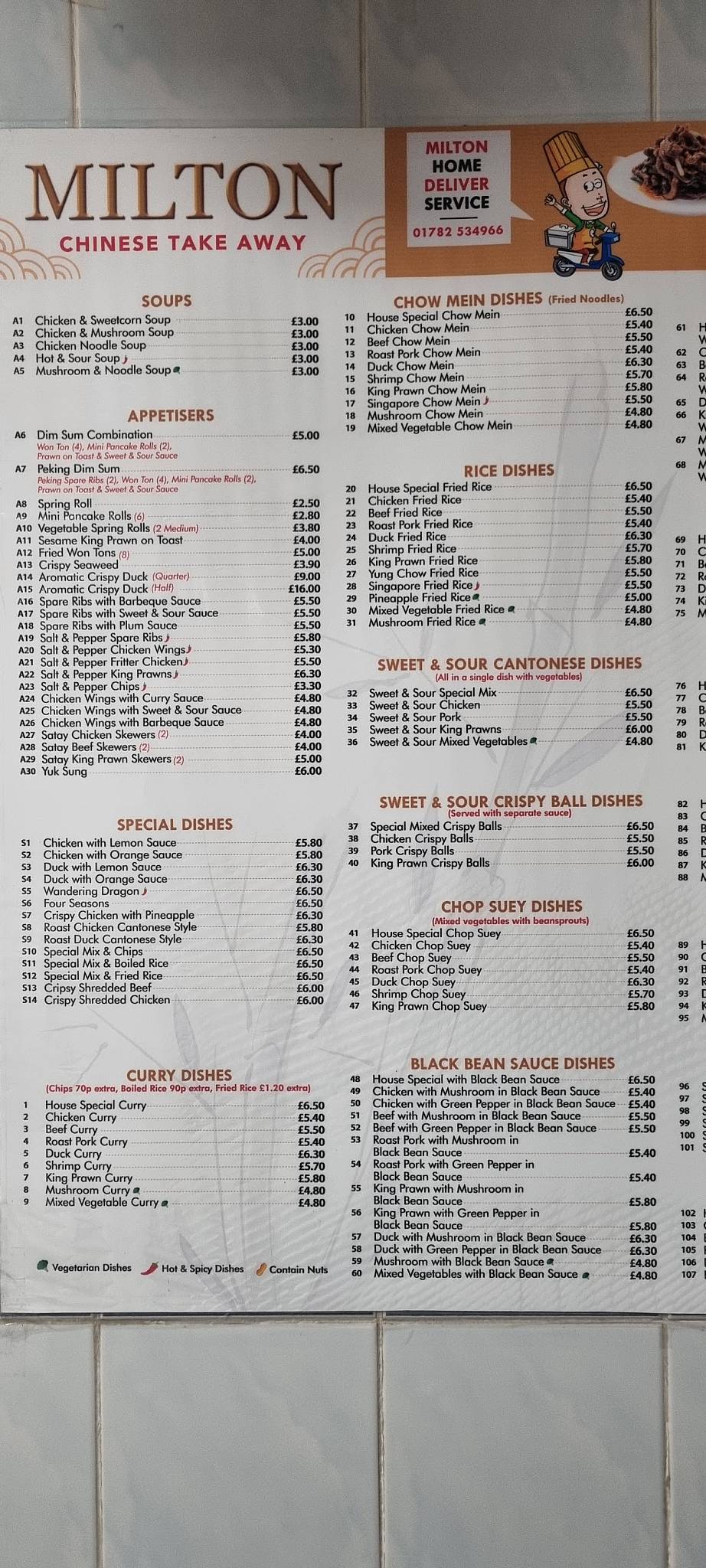 Menu at Milton Chinese Takeaway fast food, Stoke-on-Trent