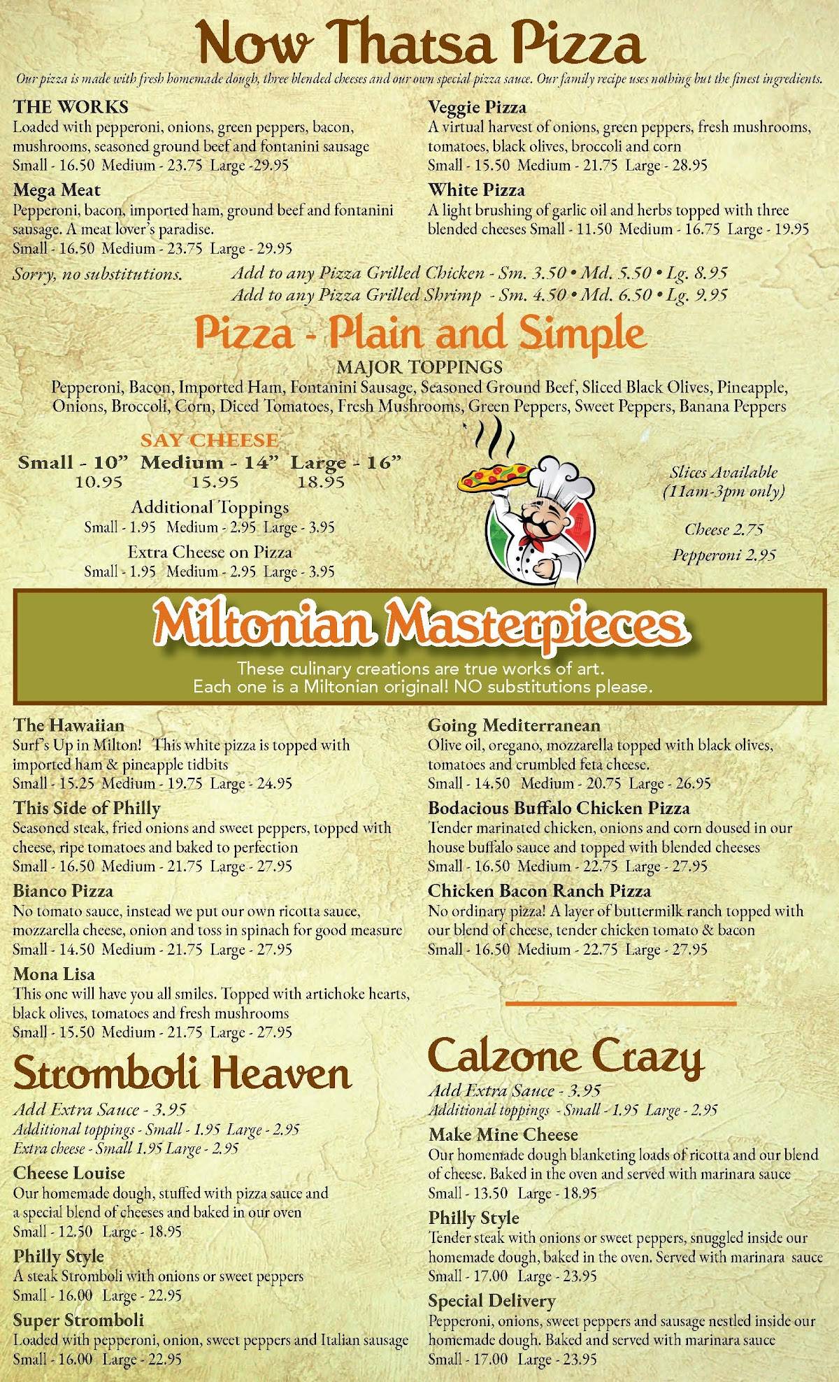 Menu at Miltonian Pizzeria & Wing House, Milton, 618 Mulberry St
