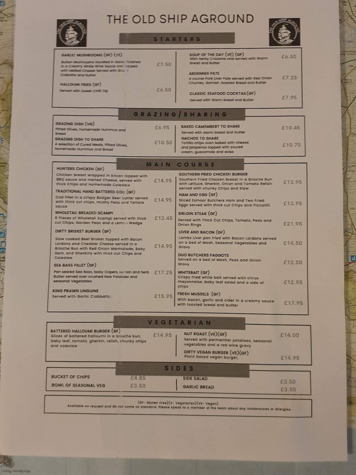 Menu at The Old Ship Aground restaurant, Minehead