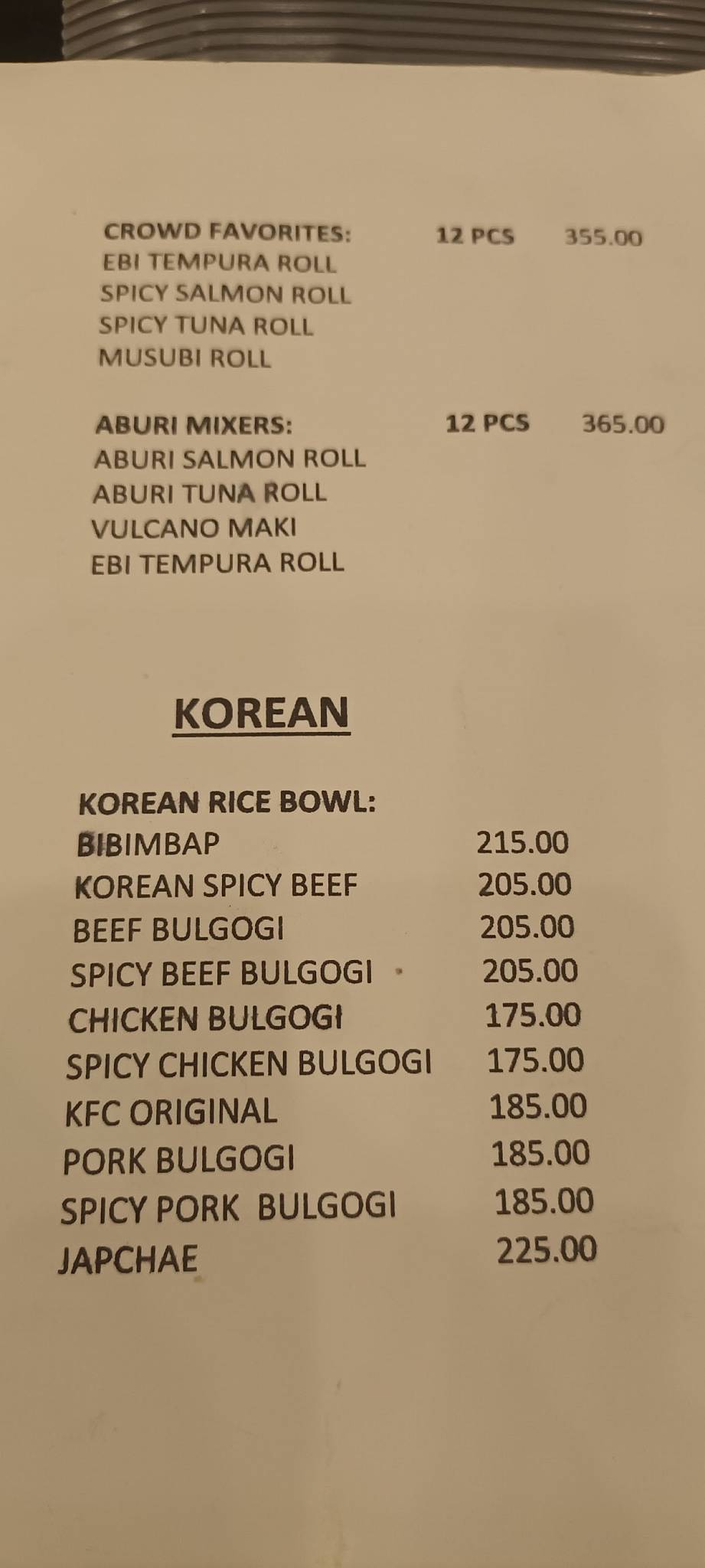 Menu at Ming Zhu restaurant, Cauayan City