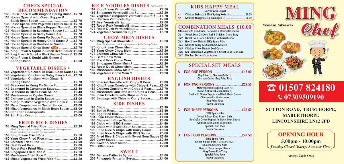 Menu at Ming chef Chinese takeaway restaurant, Mablethorpe