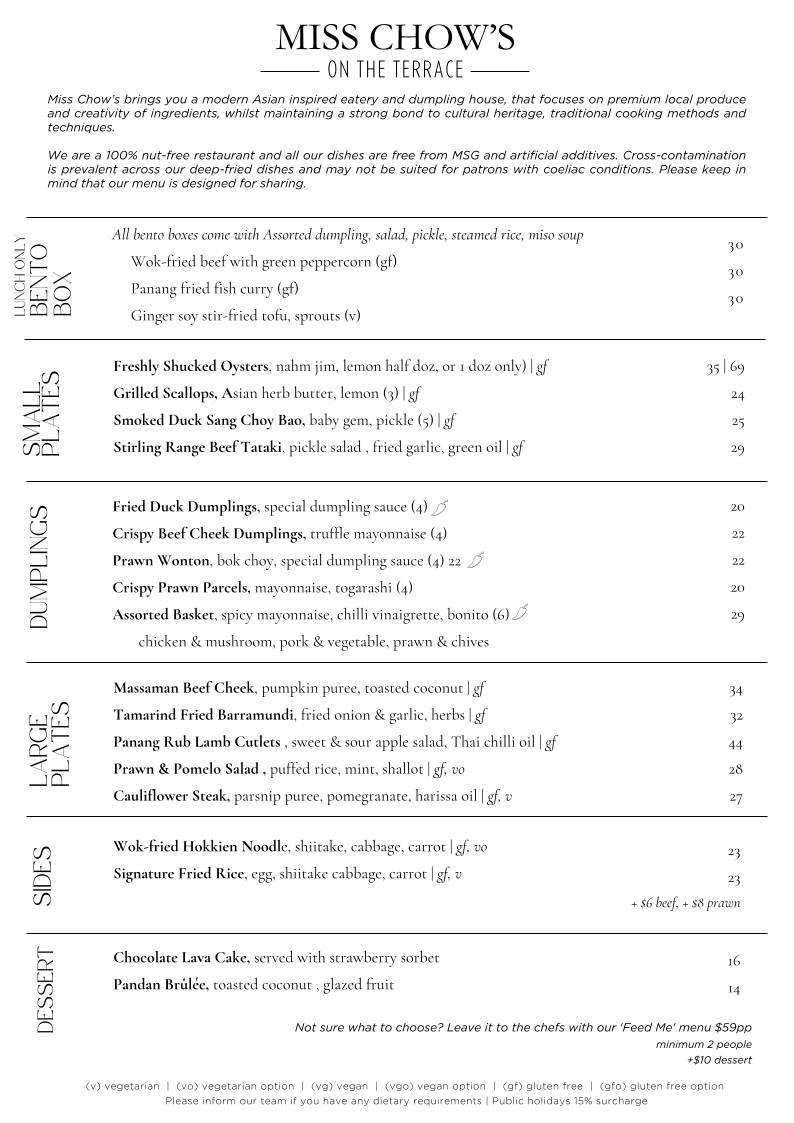 Menu at Miss Chow's on the Terrace pub & bar, Perth
