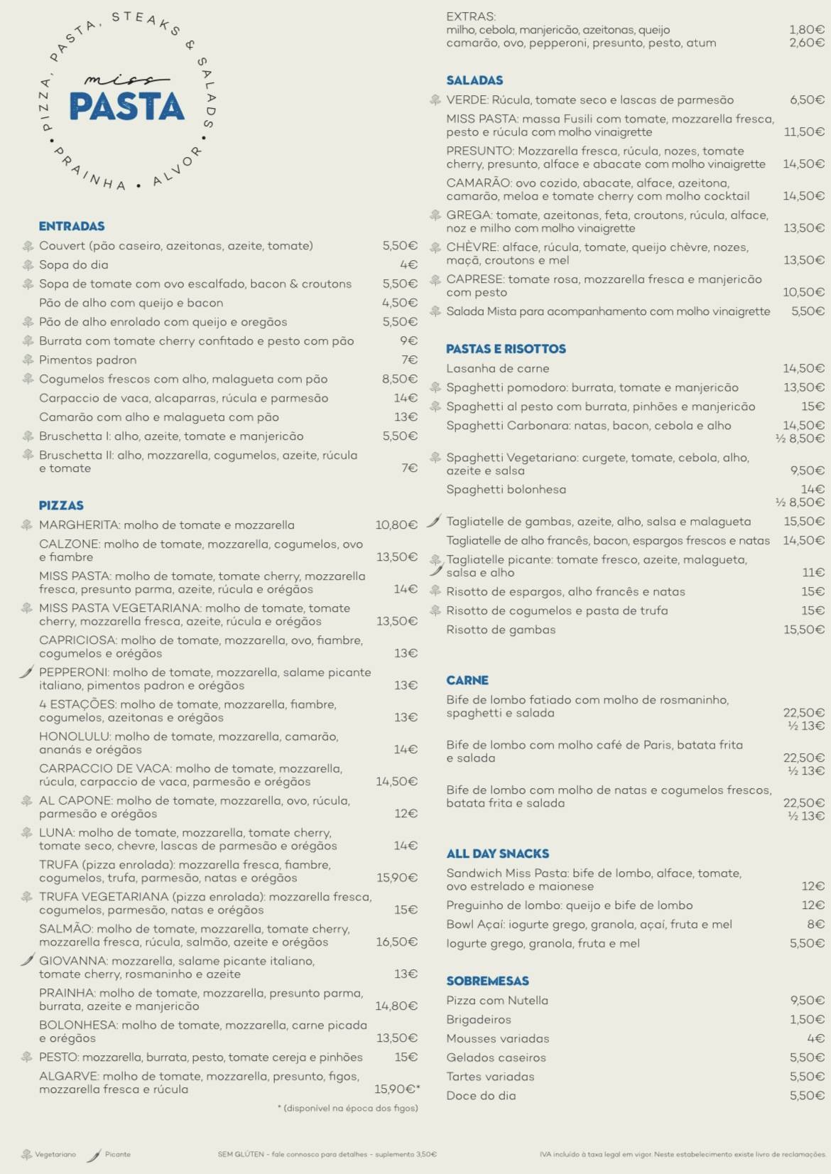 Menu at Miss Pasta restaurant, Alvor, Aldeamento Prainha Club