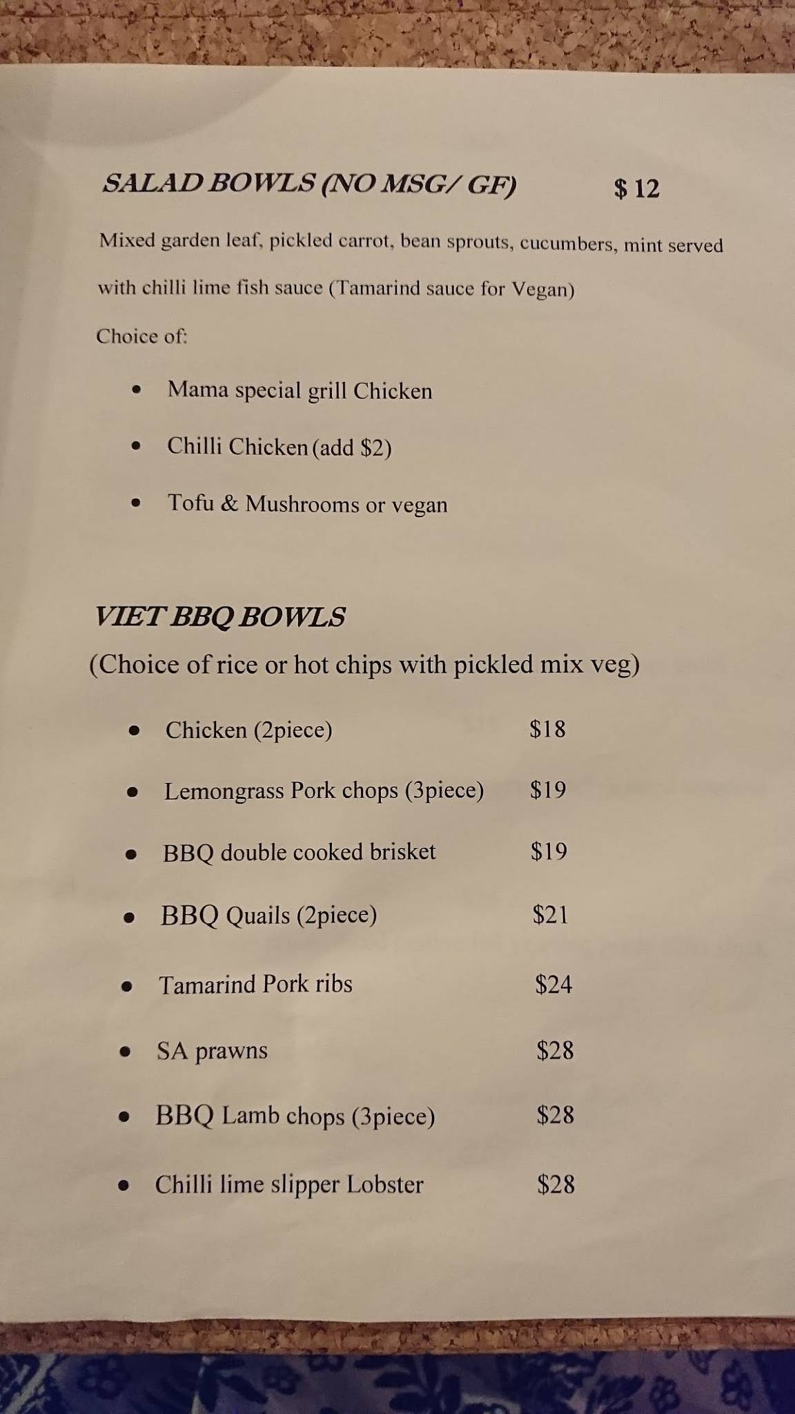 Menu at Miss Viet Kitchen restaurant, Port Adelaide