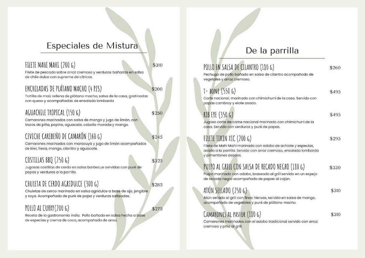 Carta del restaurante Mistura, Bacalar