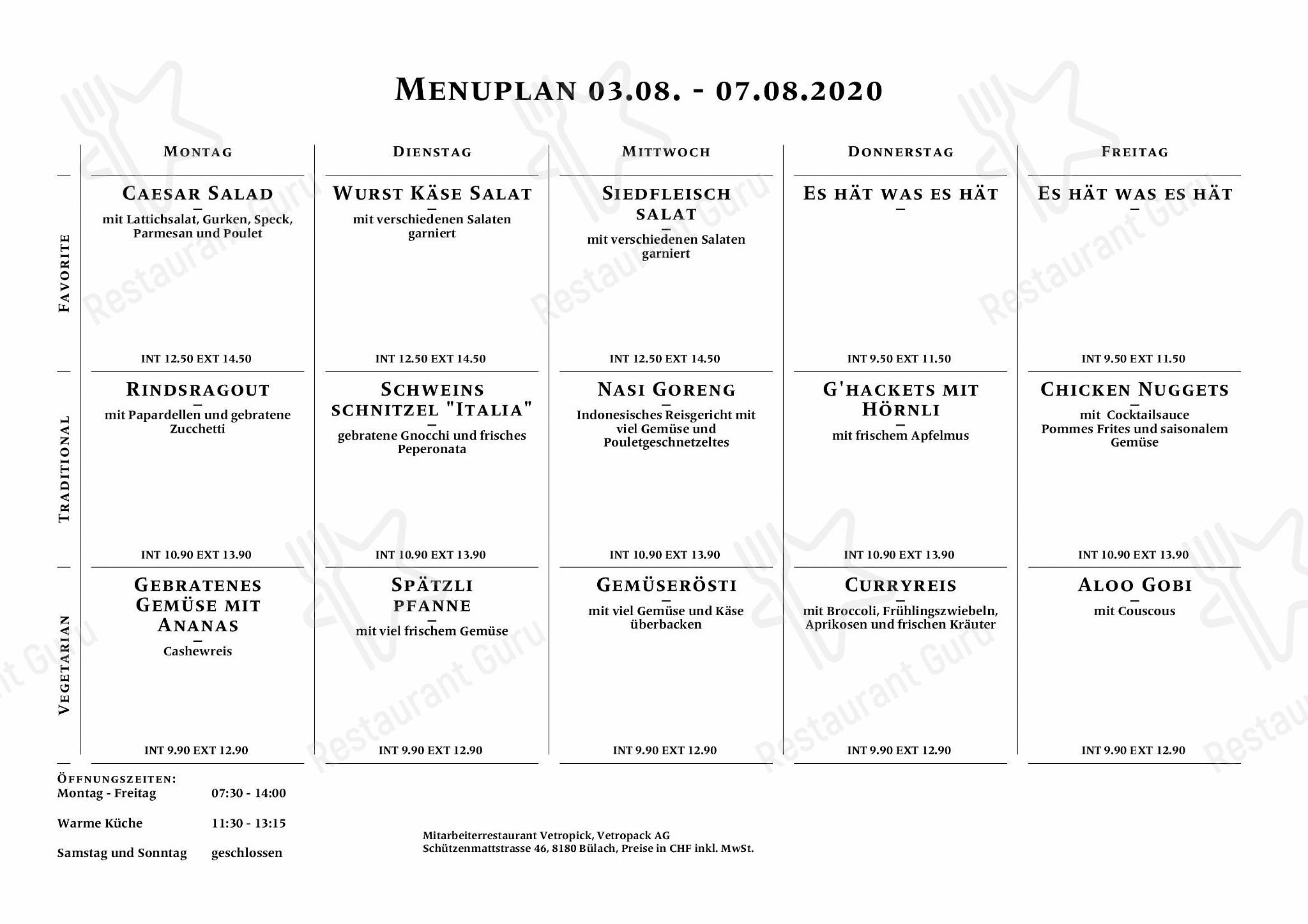 Menu at Restaurant Vetropick, Bülach