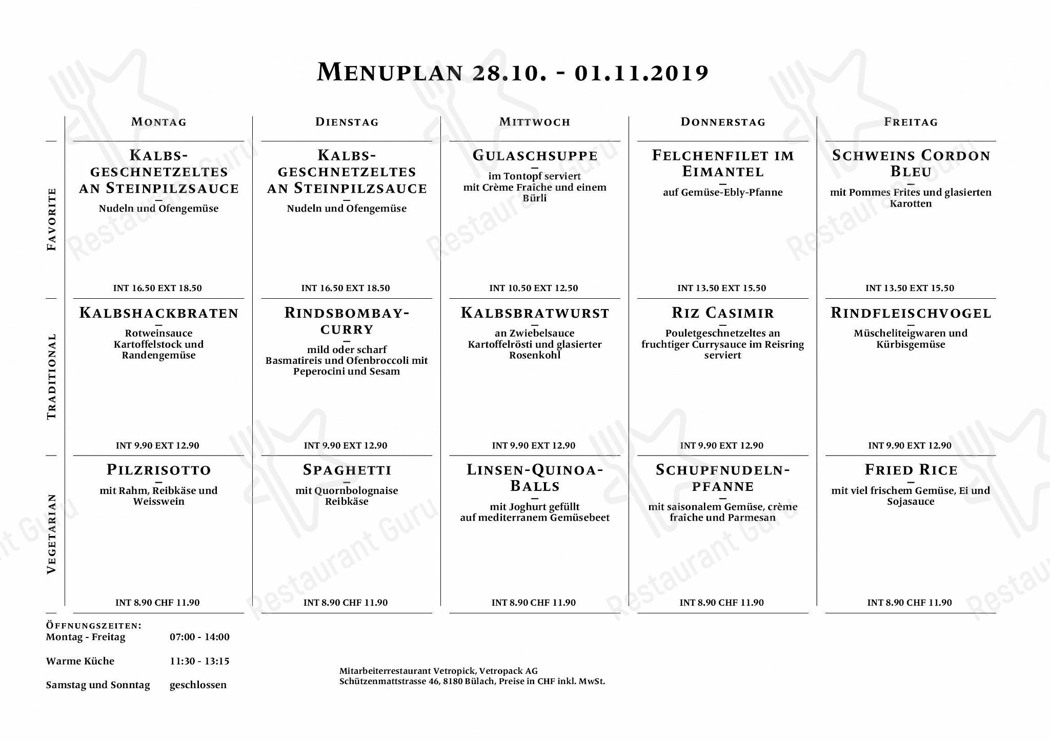 Speisekarte von Restaurant Vetropick, Bülach