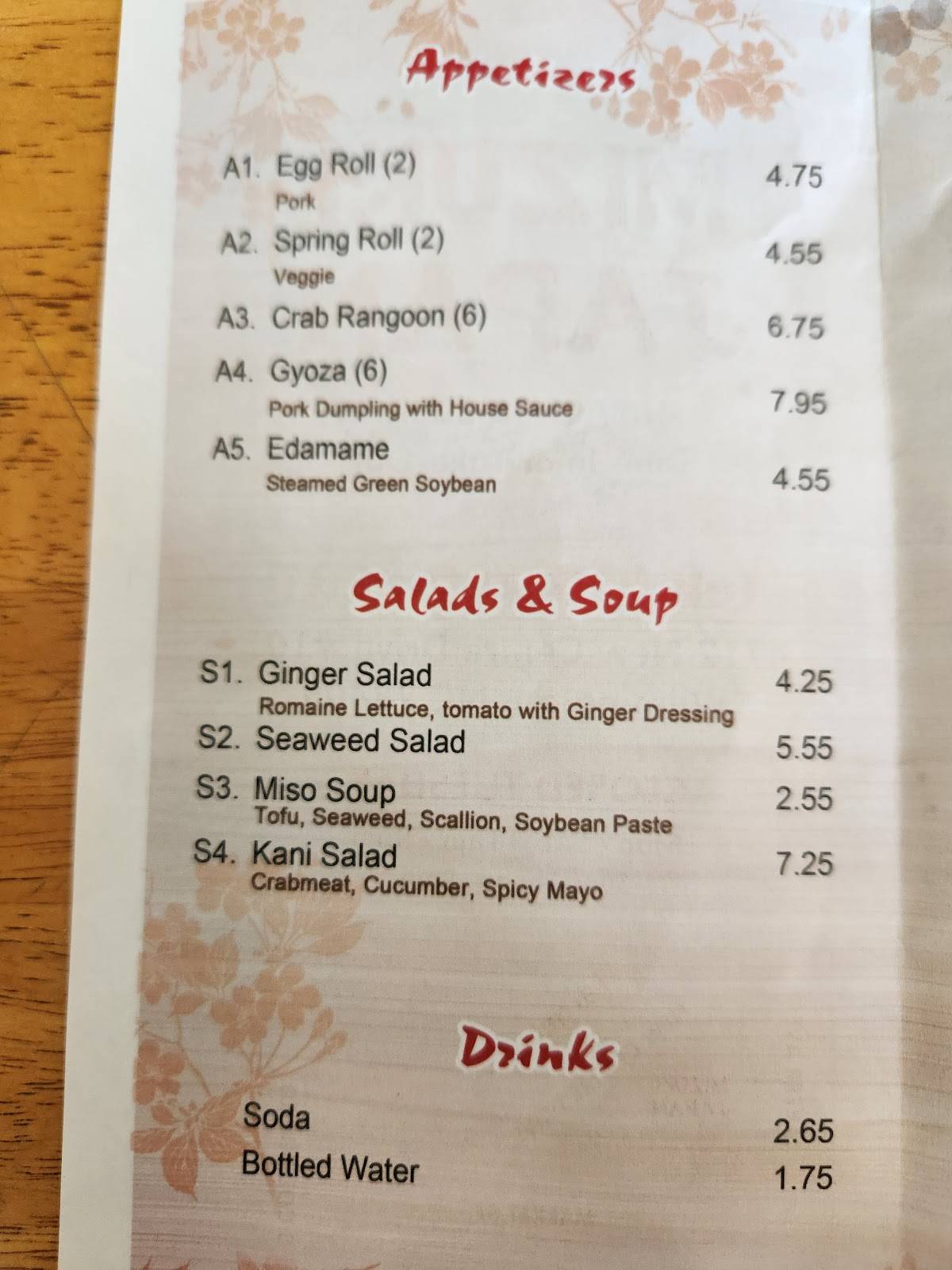 Menu at Mizuki Japan restaurant, Wilmington