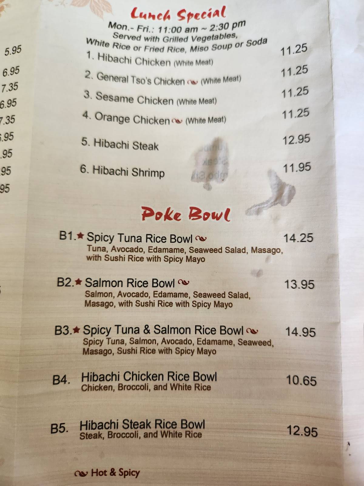 Menu at Mizuki Japan restaurant, Wilmington
