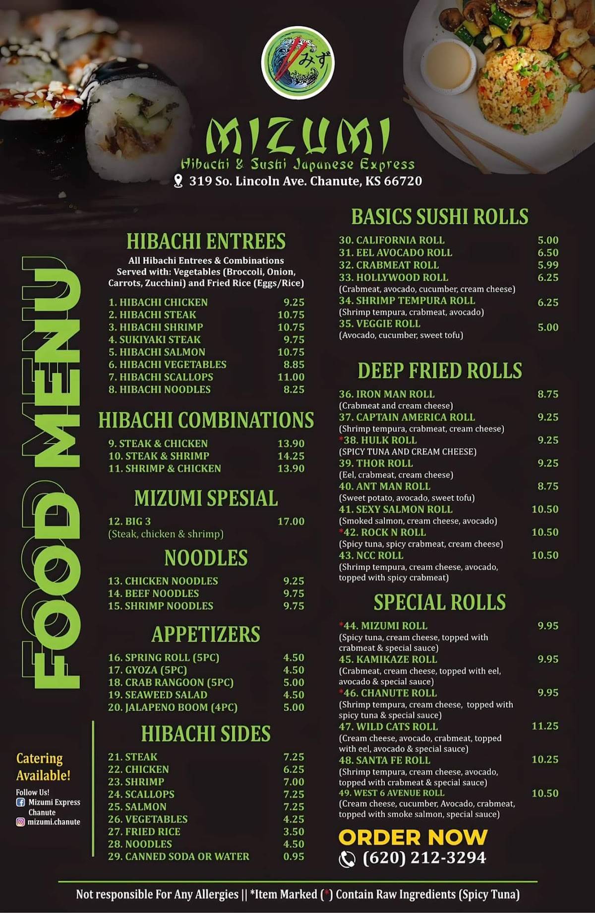 Menu at Mizumi Hibachi & Sushi restaurant, Chanute