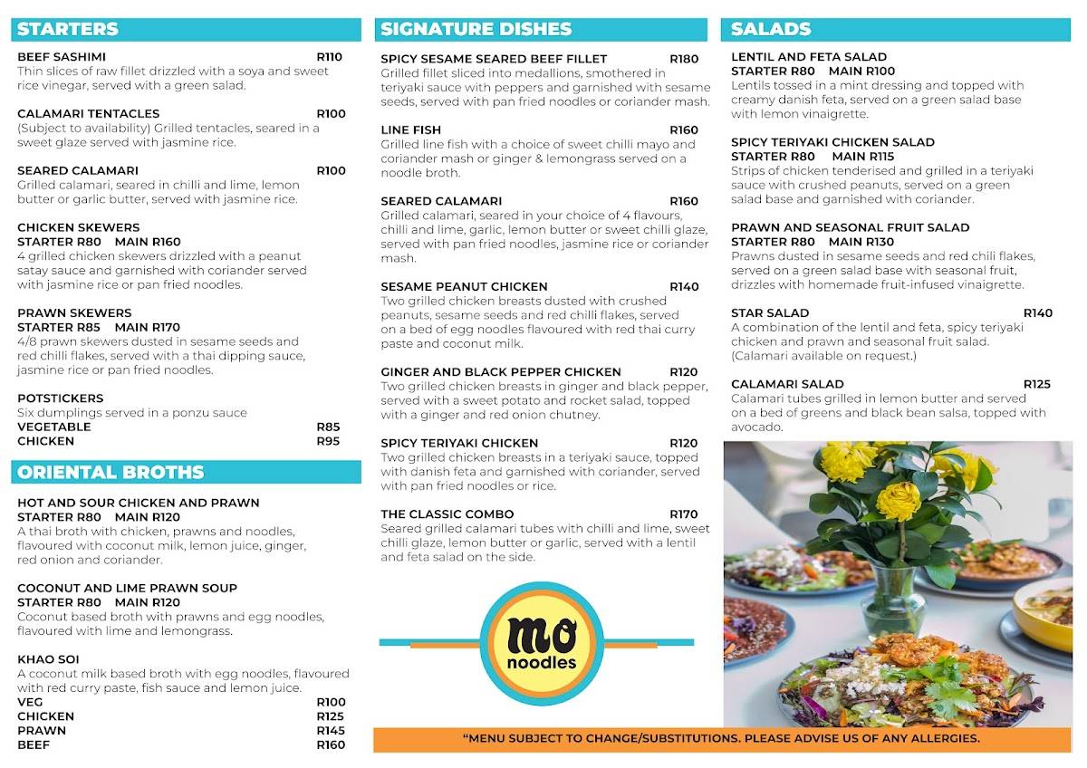 Menu at Mo Noodles restaurant, Umhlanga, 21 Lighthouse Rd