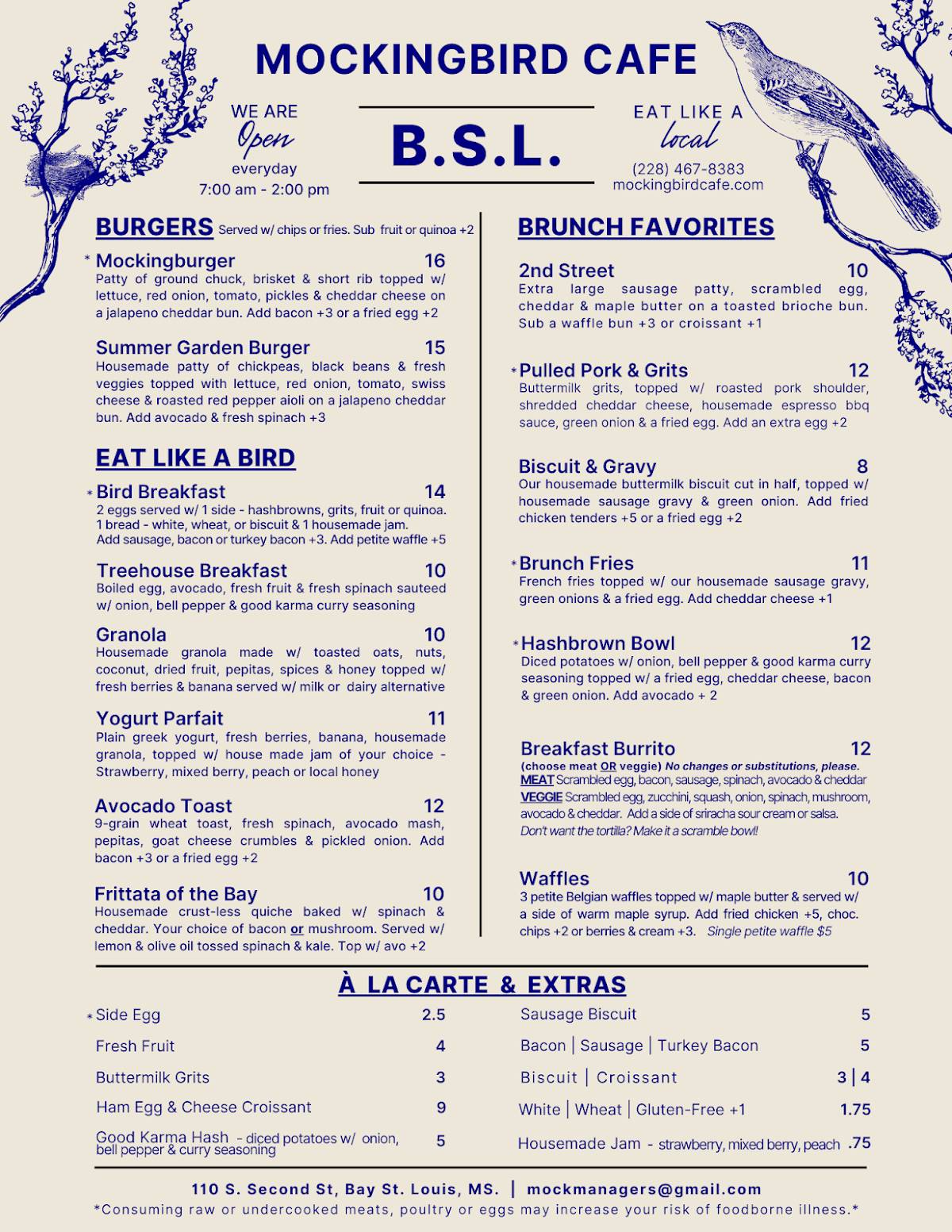 Menu at Mockingbird Cafe, Bay Saint Louis