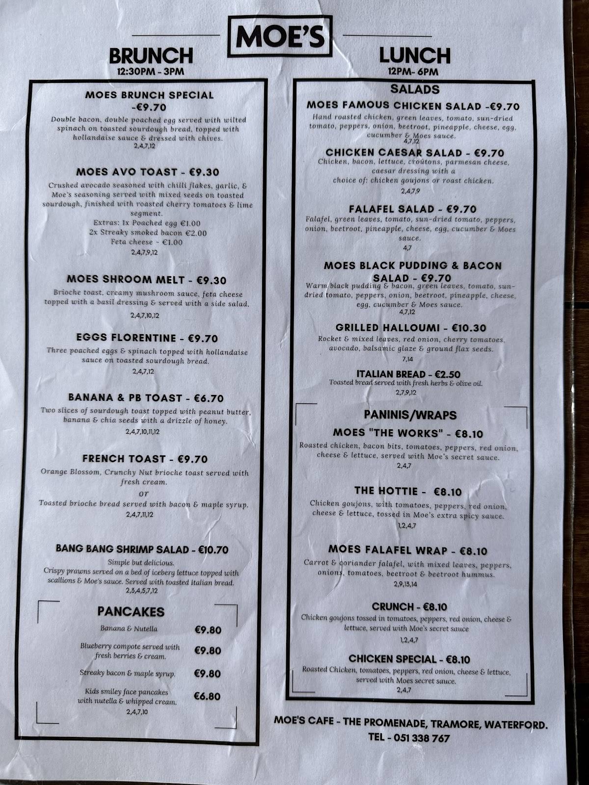 Menu at Moe's Café cafe, Tramore