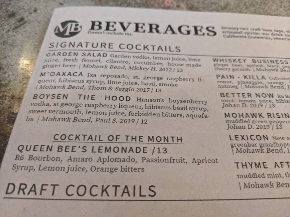 Menu at Mohawk Bend pub & bar, Los Angeles
