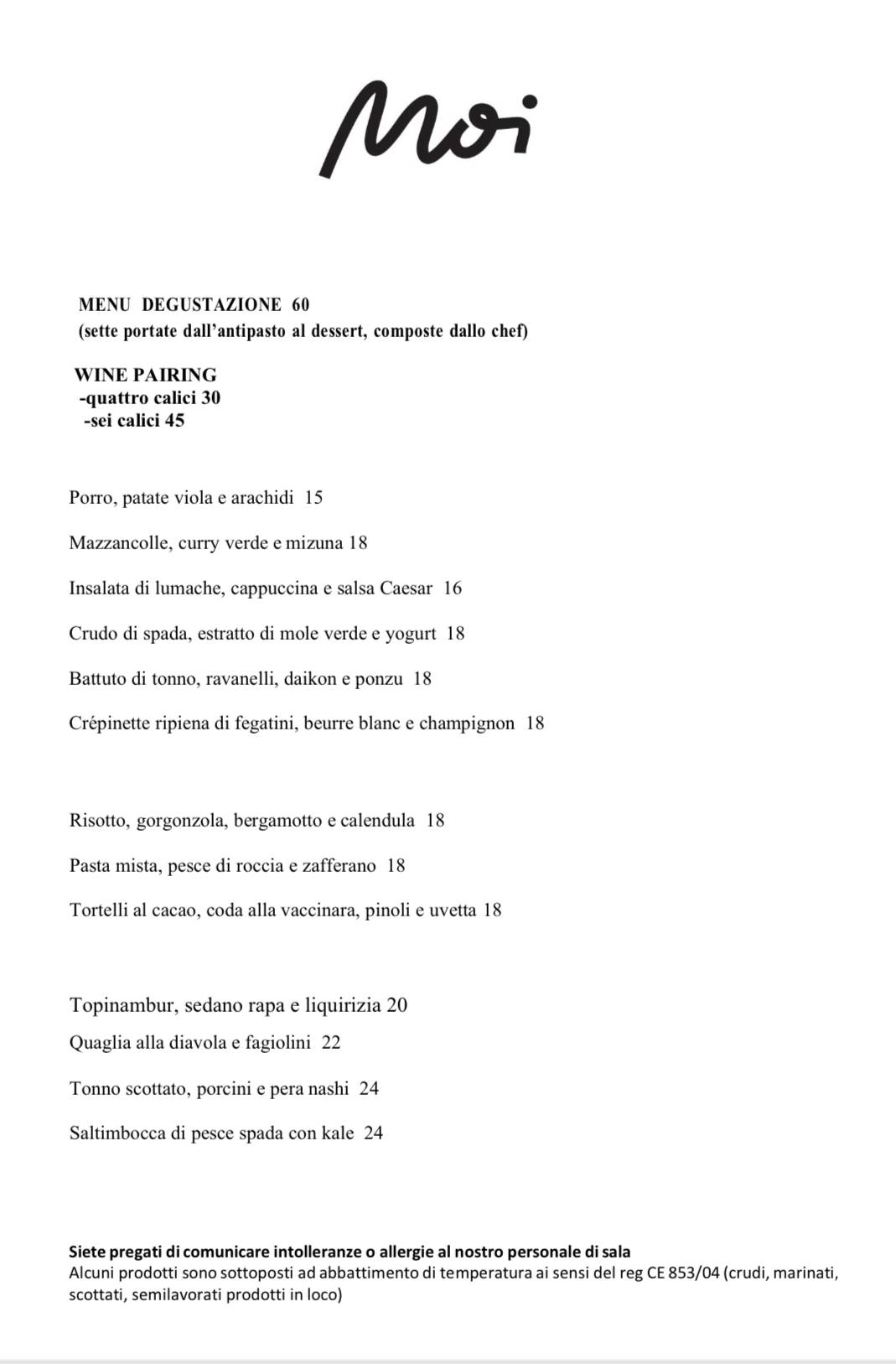 Menu at Moi Roma restaurant, Rome