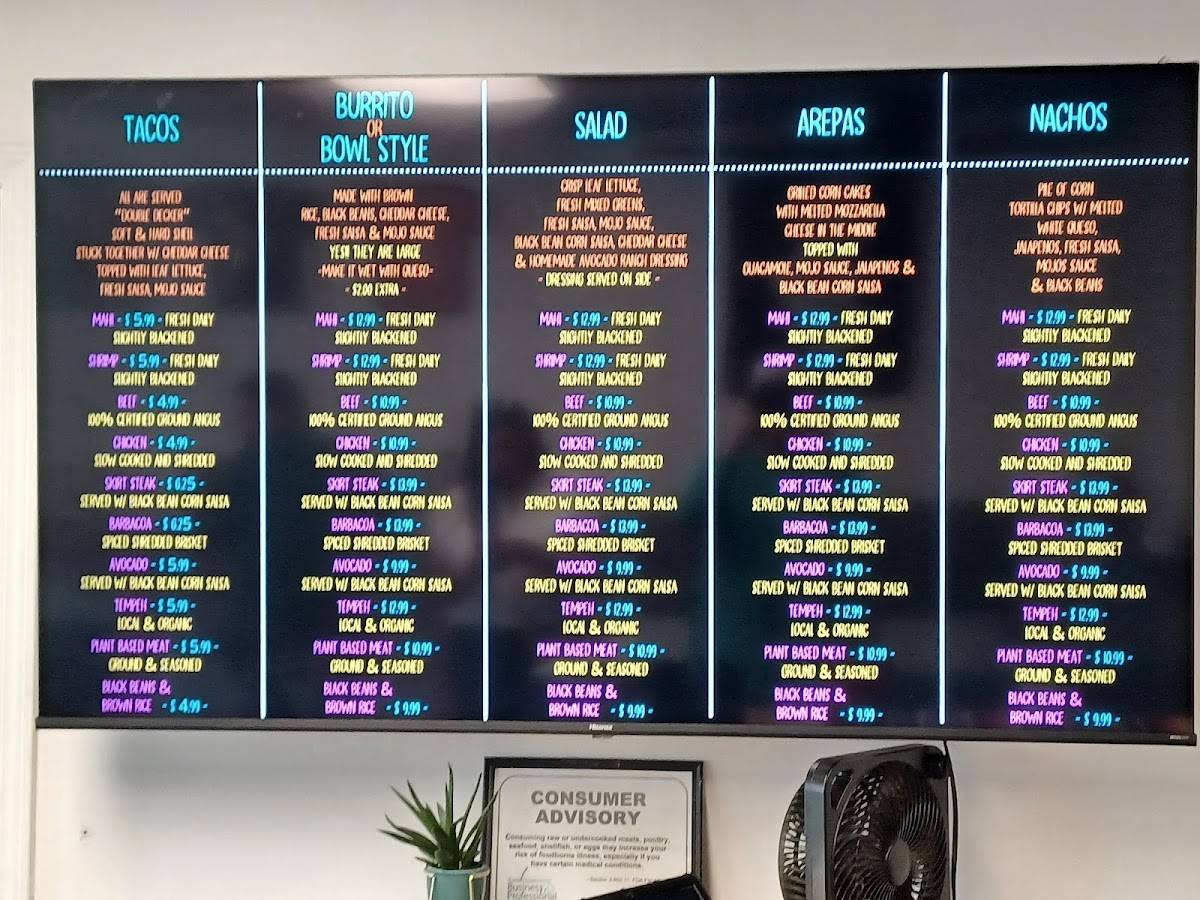 Menu at Mojo's Tacos-Mainland restaurant, St. Augustine