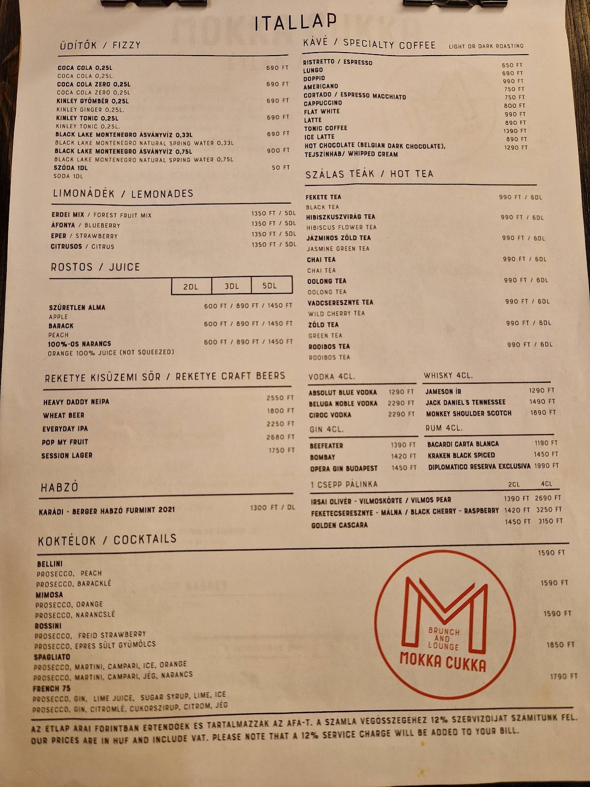Menu at Mokka Cukka restaurant, Budapest