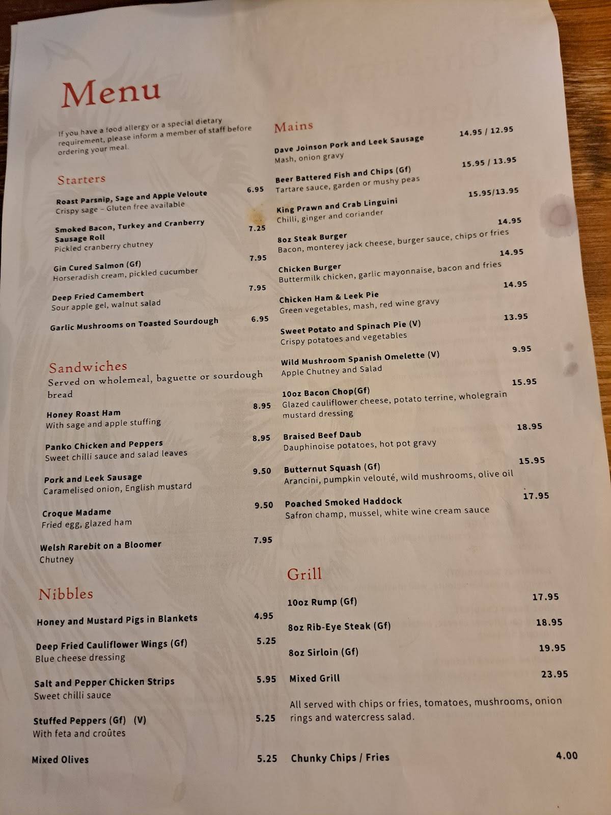 Menu at The Red Lion at Northop pub & bar, Mold