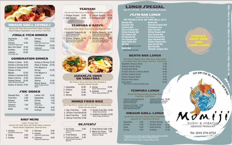 Menu at Momiji Sushi & Hibachi restaurant, Pendleton, 210 SW 17th St