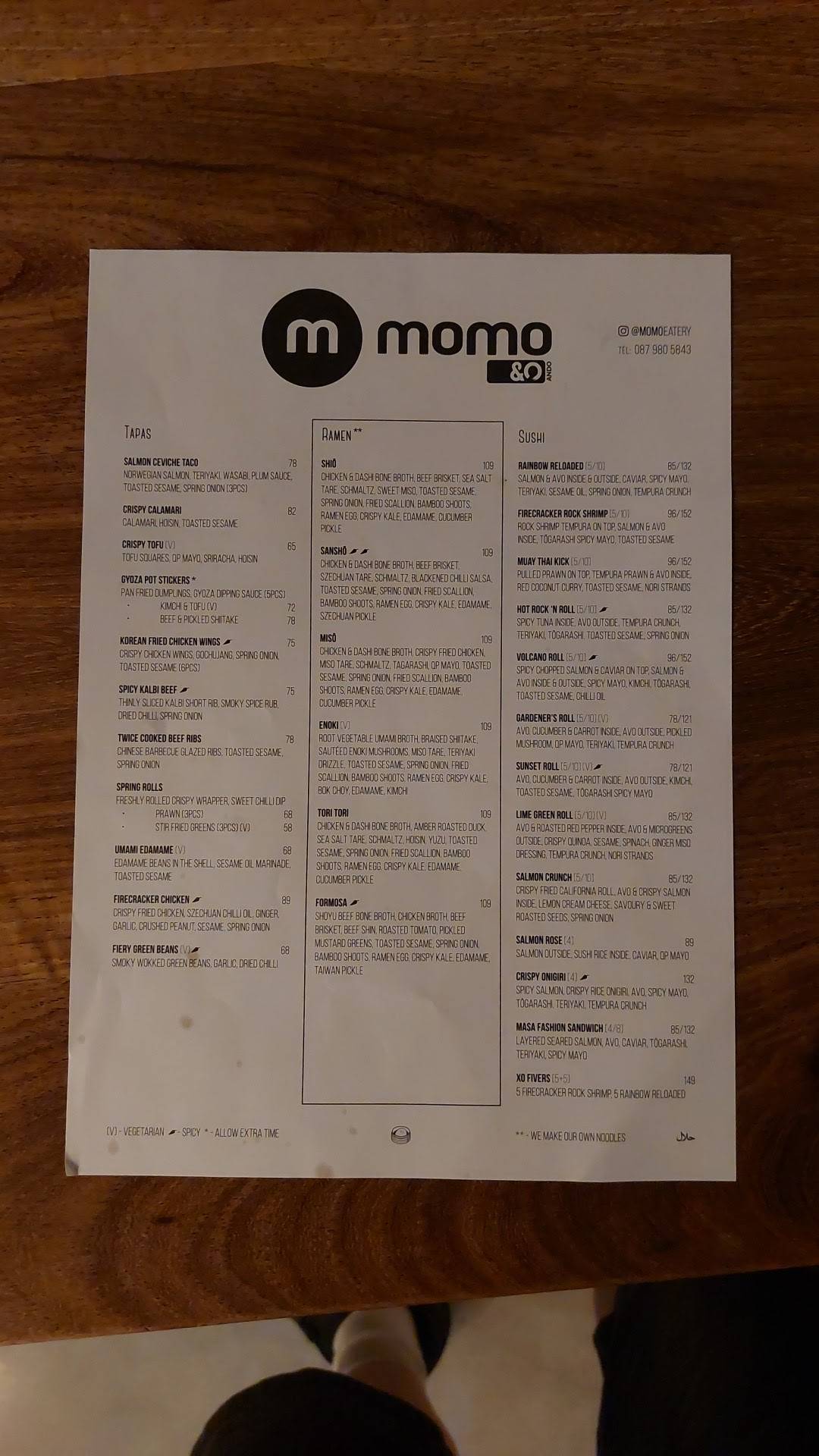 Menu at Momo &O restaurant, Johannesburg