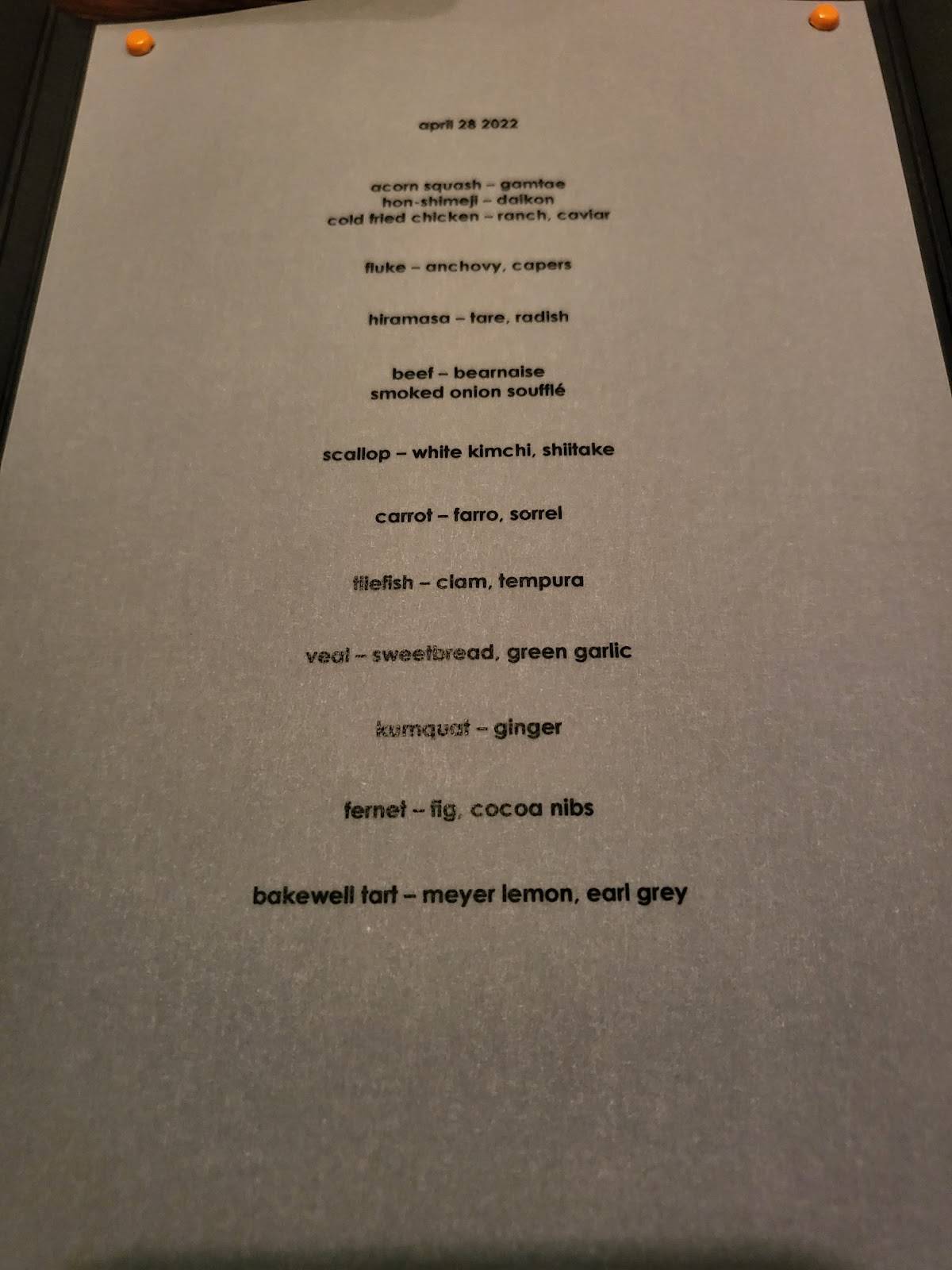 Menu at Momofuku Ko restaurant, New York City, 8 Extra Pl