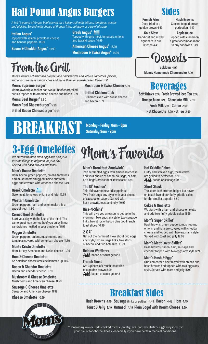 Menu at Mom's Deli & Grille restaurant, North Royalton, York Rd