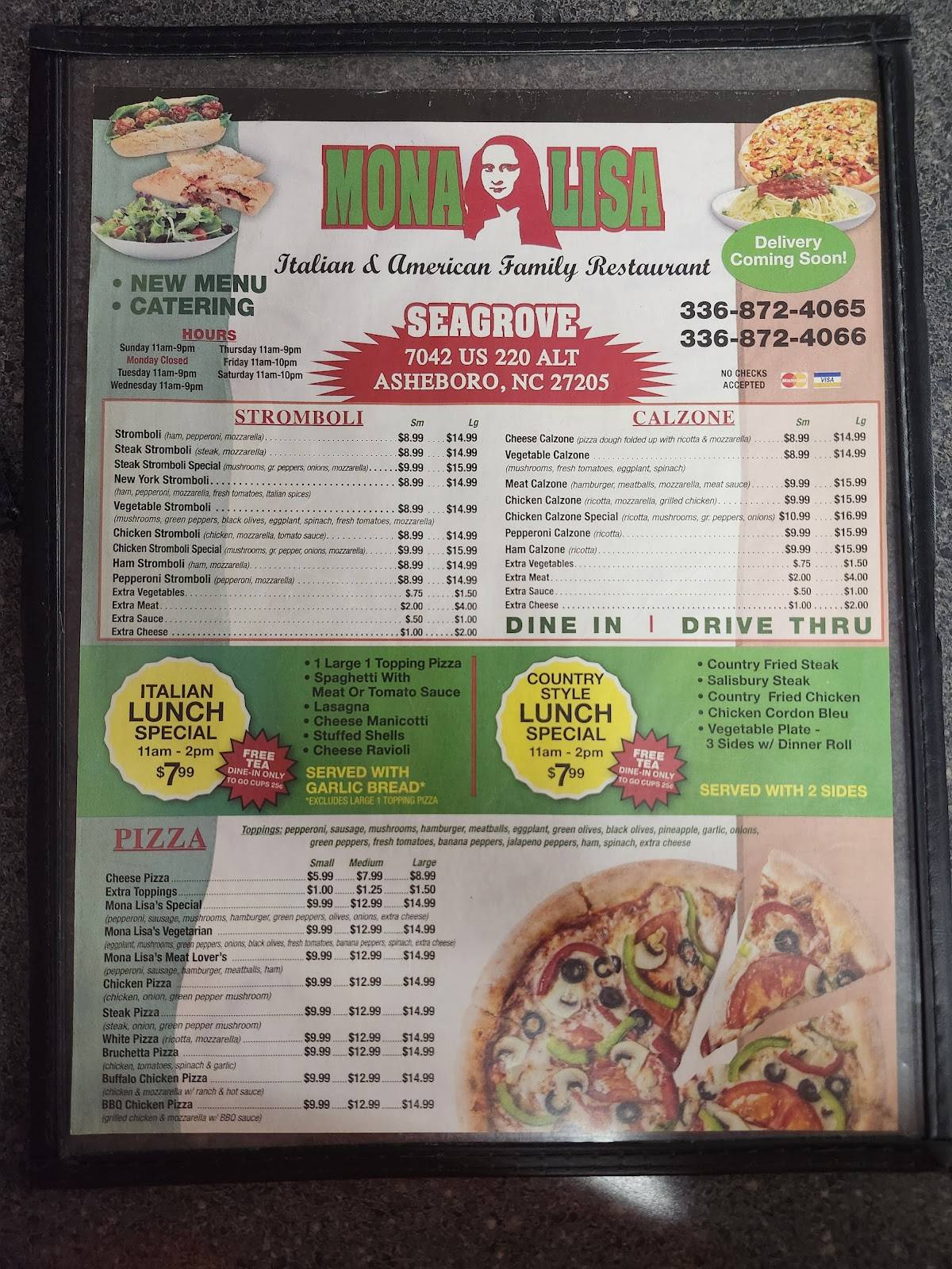 Menu at Mona Lisa II Italian and American Family restaurant, Seagrove