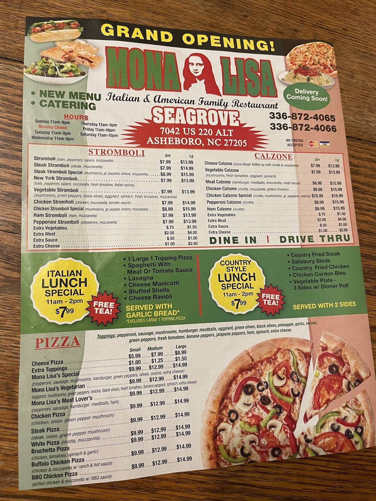 Menu at Mona Lisa II Italian and American Family restaurant, Seagrove