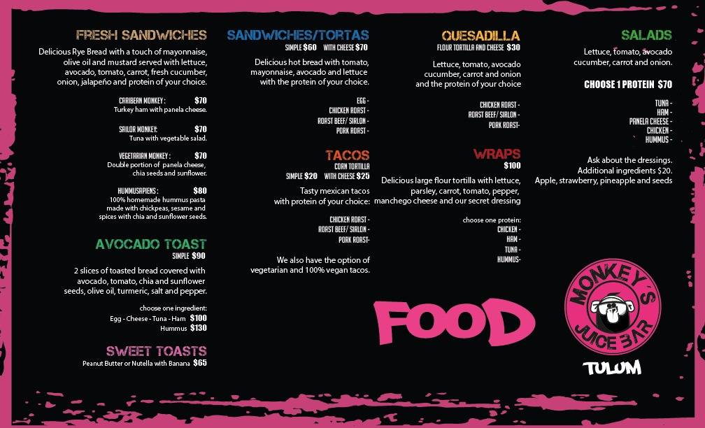 Menu at Monkey Juice Bar Tulum Boca Paila, Tulum