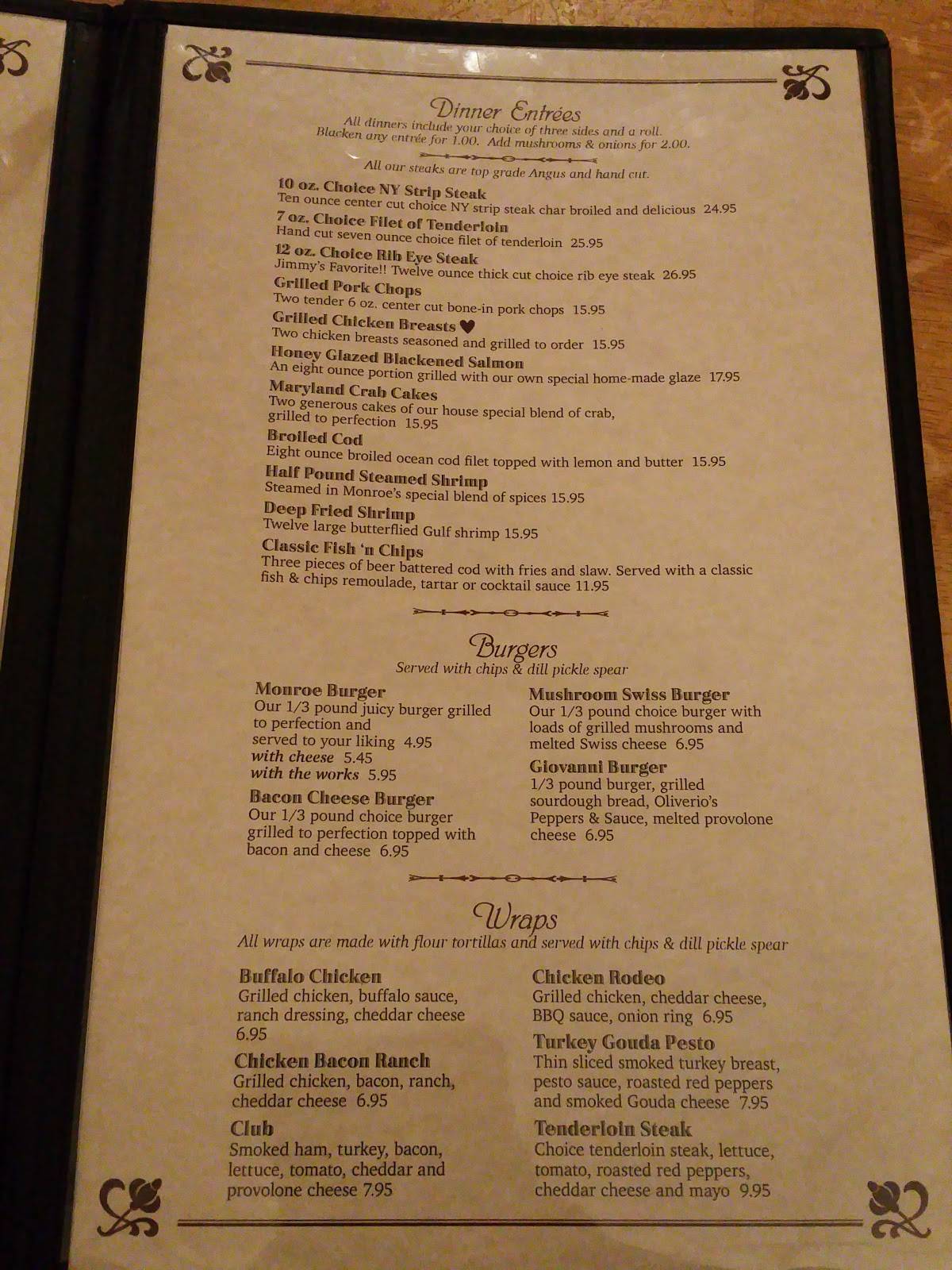 Menu at Monroe's steakhouse, Kingwood
