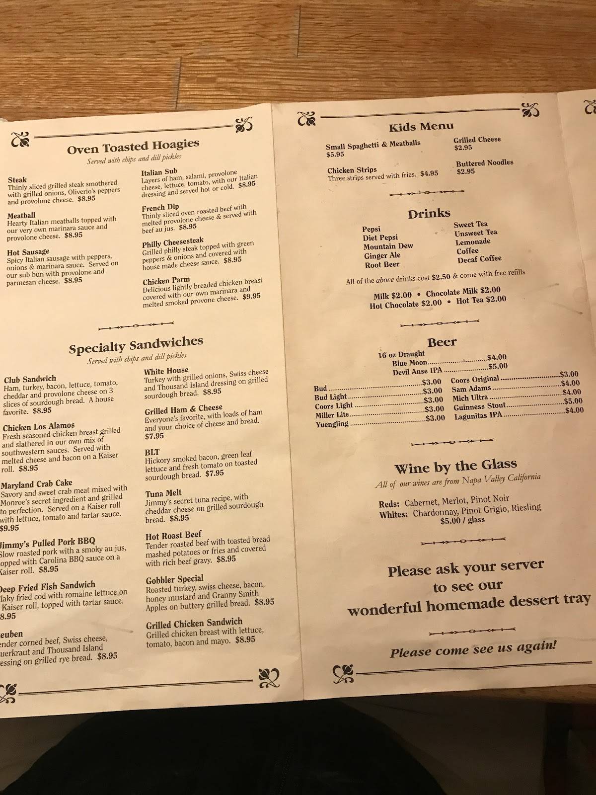 Menu at Monroe's steakhouse, Kingwood