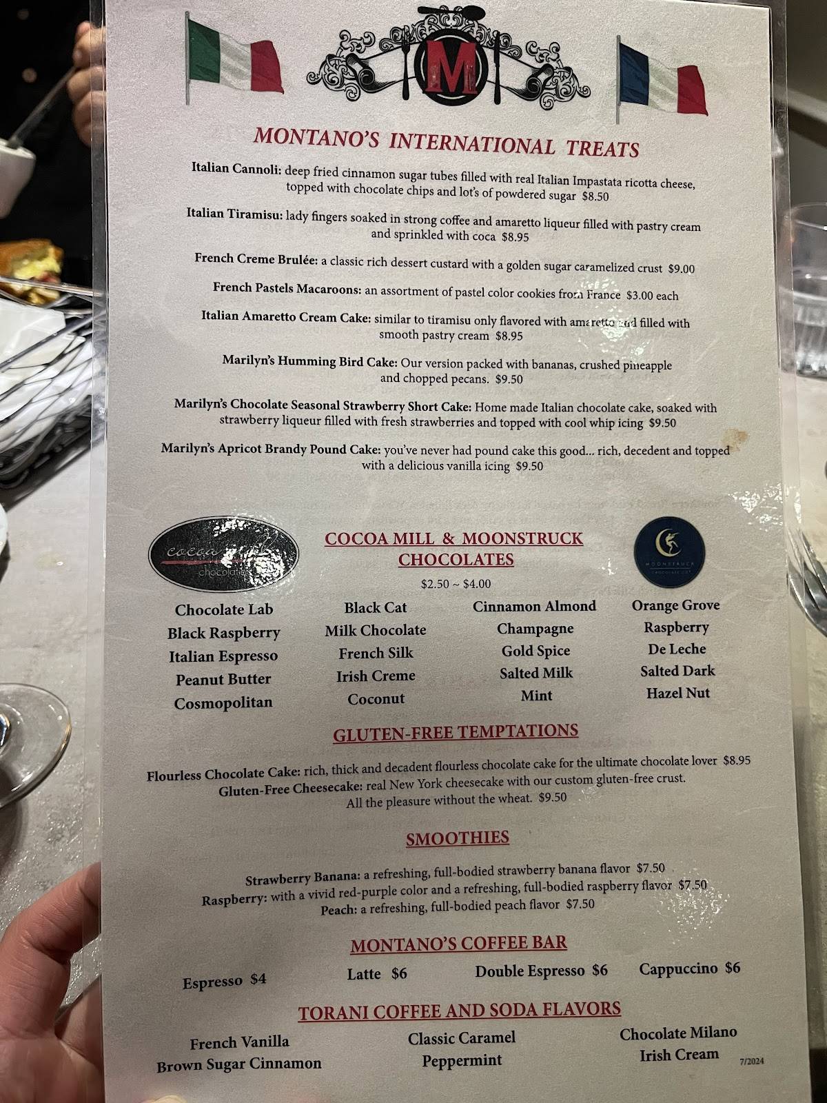 Menu at Montano's International Gourmet desserts, Roanoke