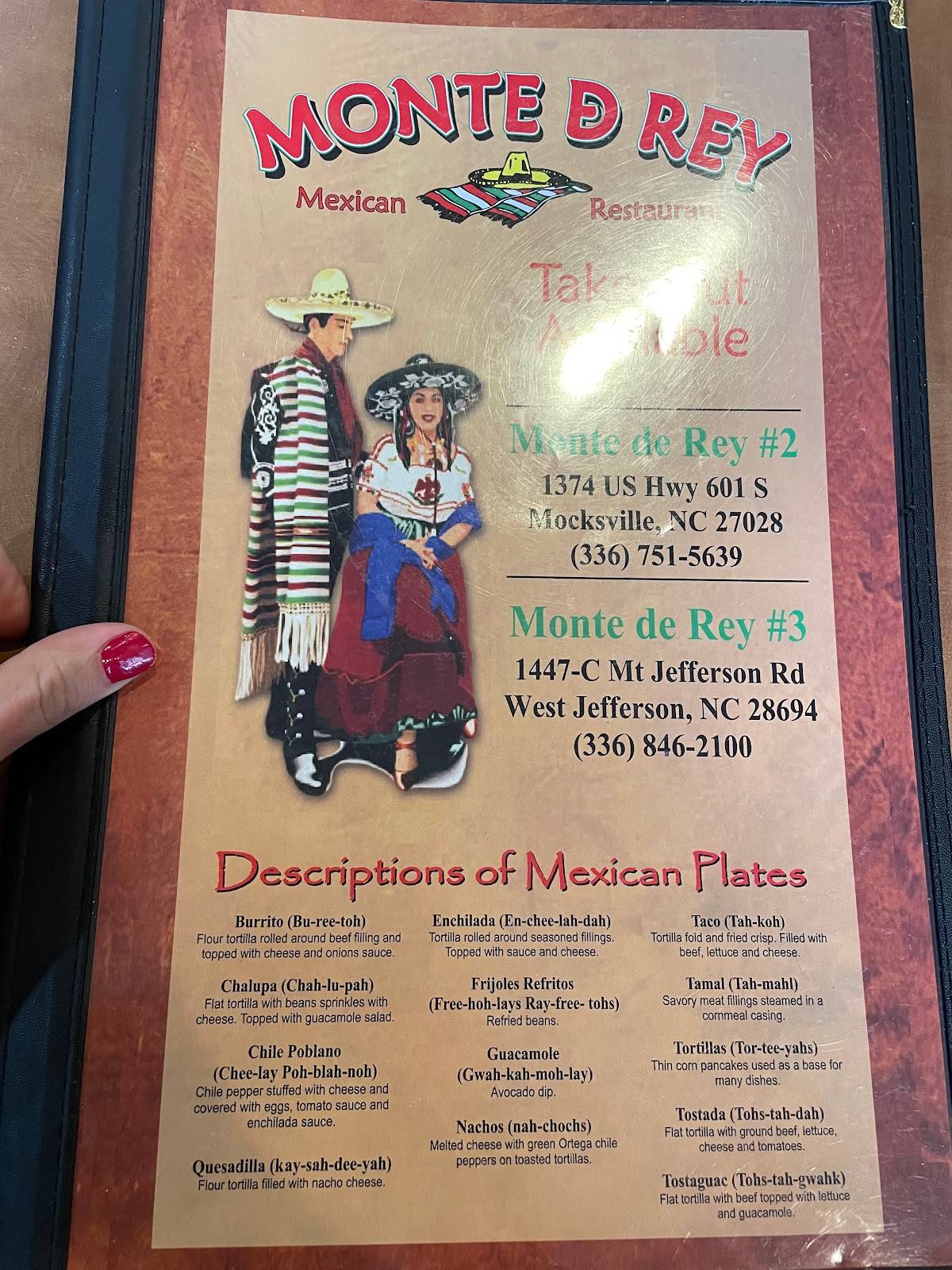 Menu at Monte D Rey restaurant, West Jefferson