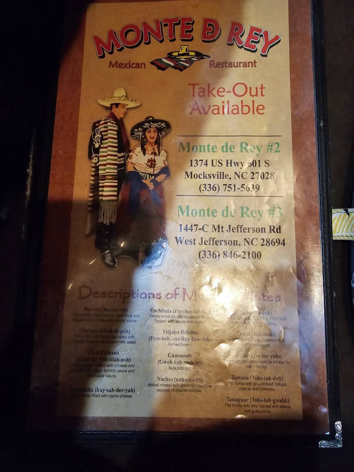 Menu at Monte D Rey restaurant, West Jefferson