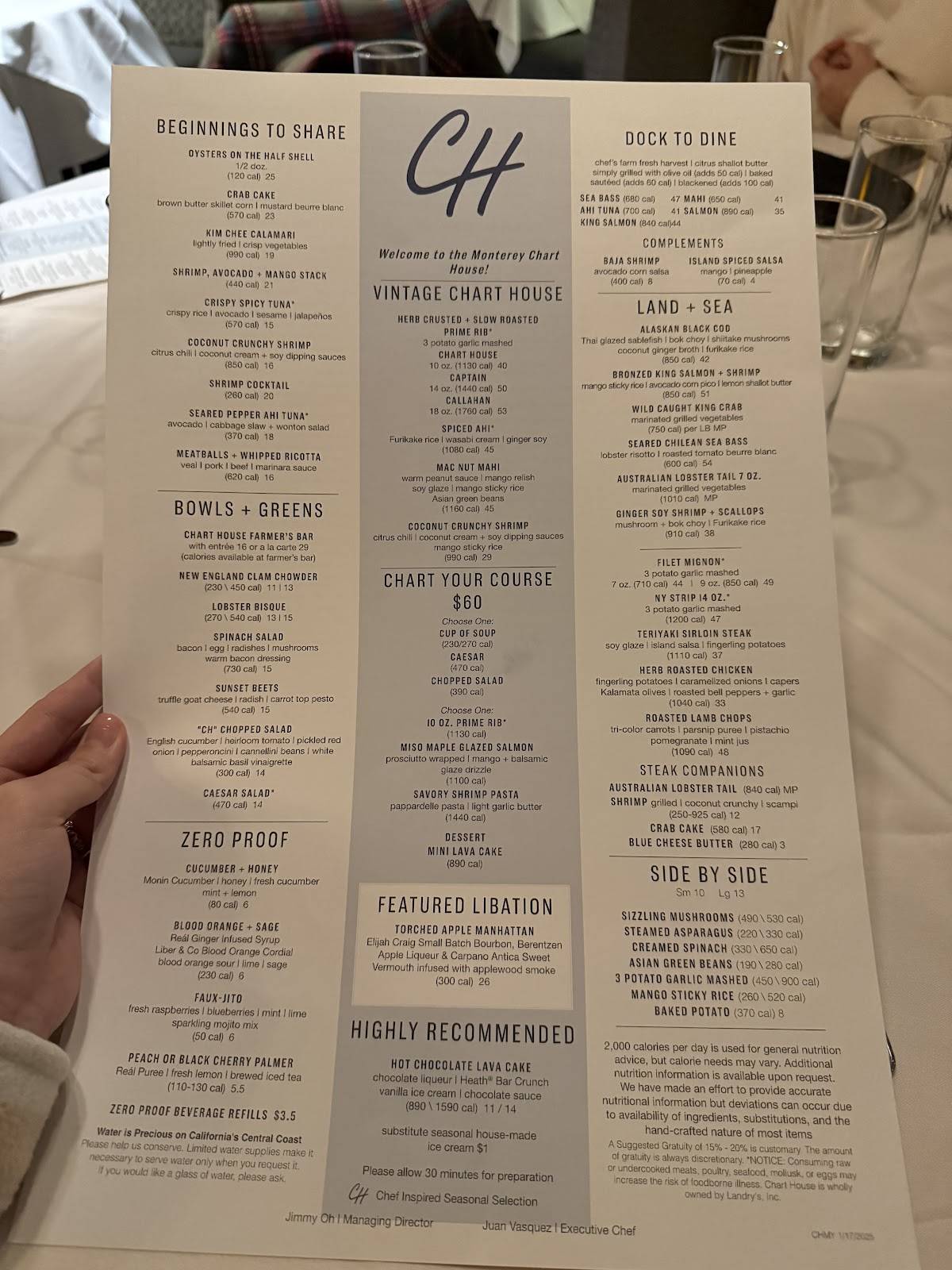 Menu at Chart House steakhouse, Monterey