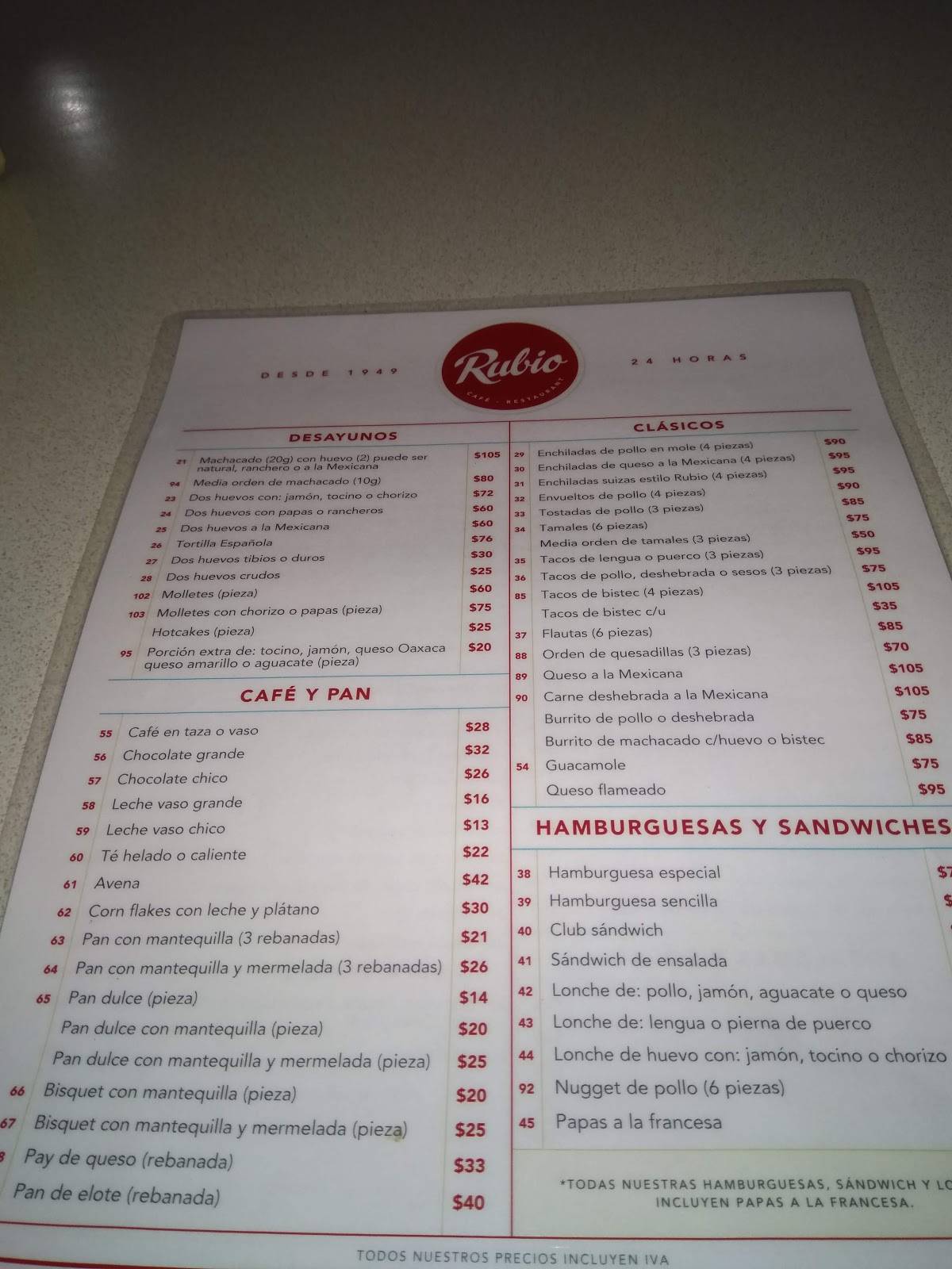 Carta de Restaurante Rubio, Monterrey