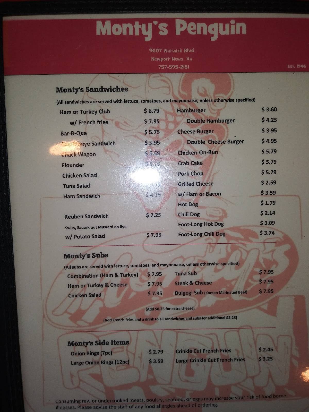 Menu at Monty's Penguin restaurant, Newport News