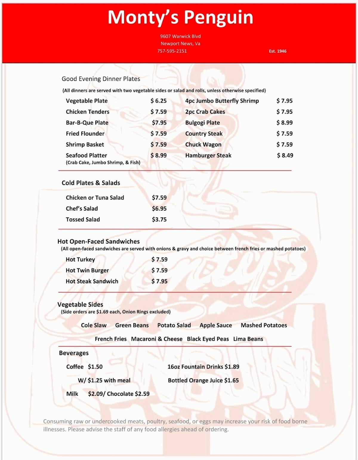 Menu at Monty's Penguin restaurant, Newport News