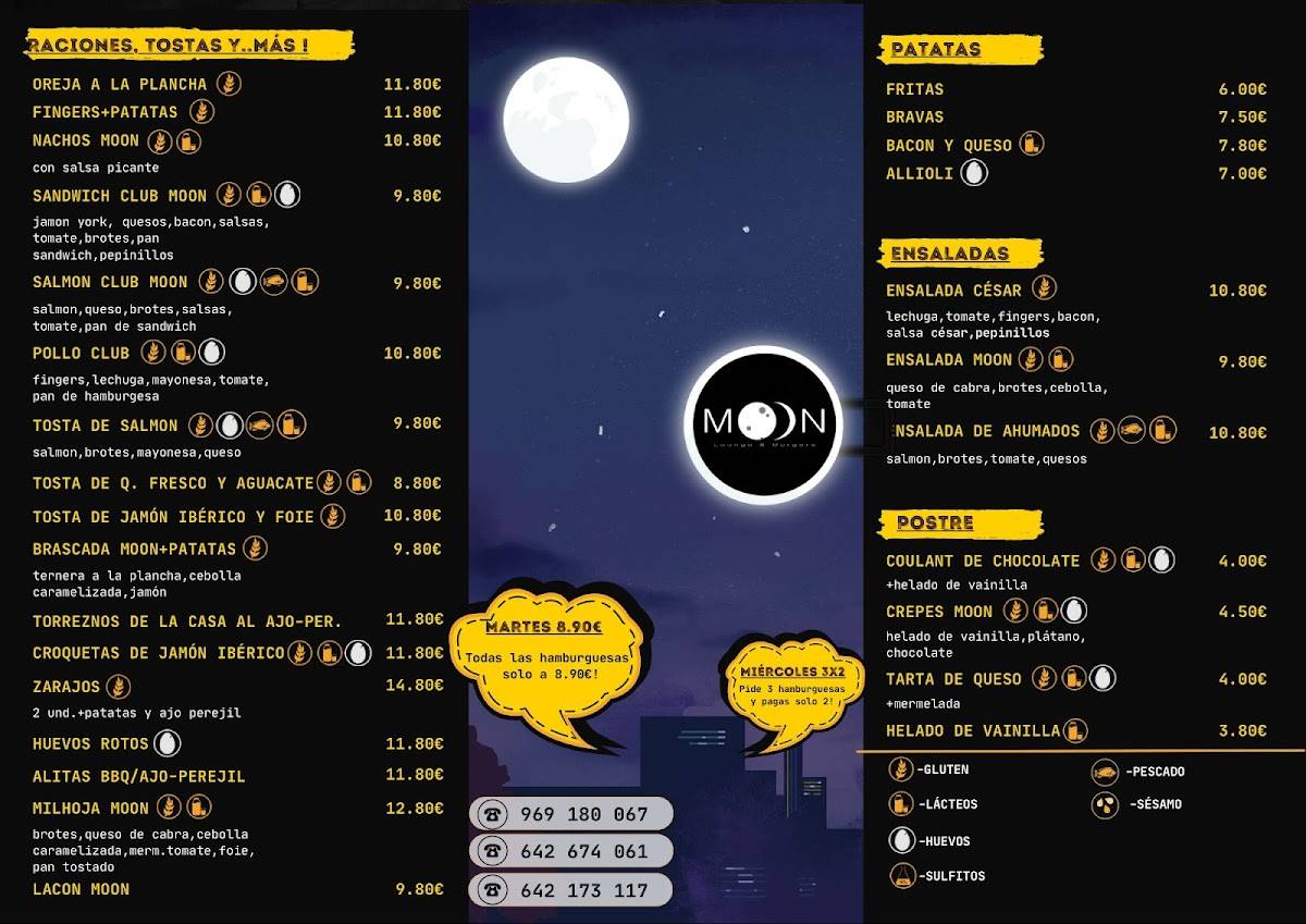 Carta del restaurante Moon lounge&burgers, Tarancón