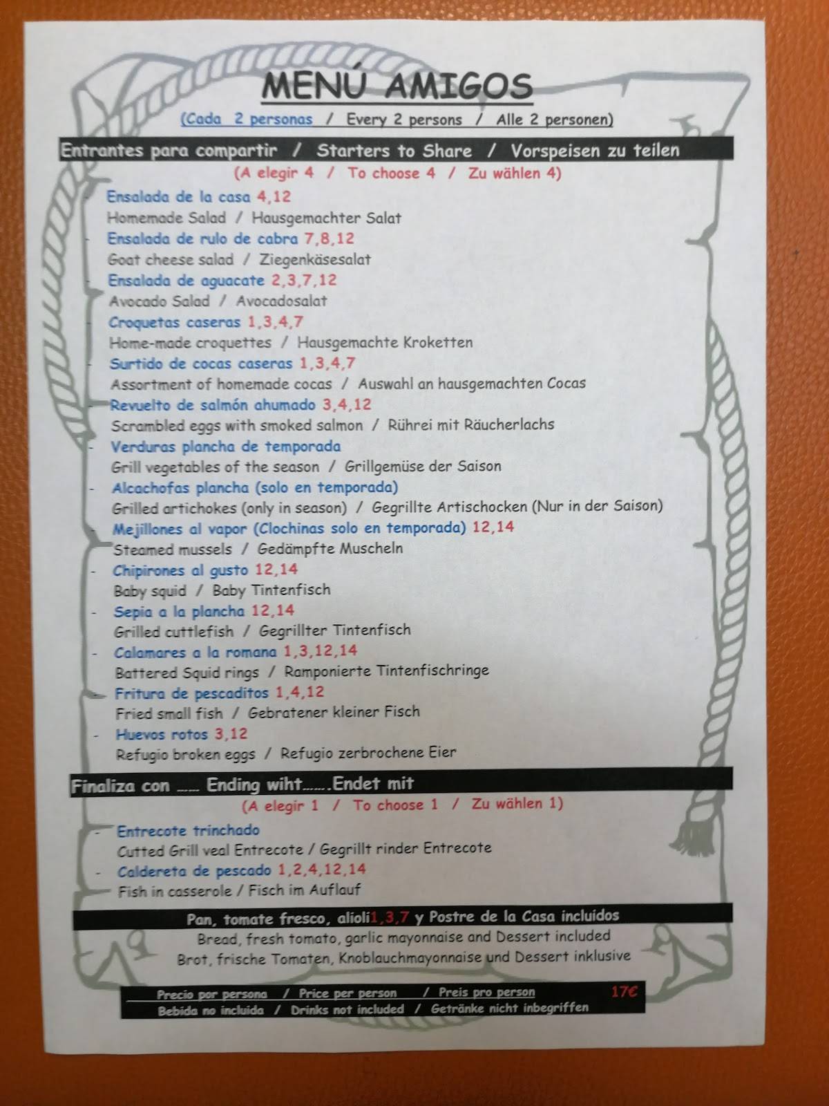 Carta del restaurante Mesón El Refugio, Moraira