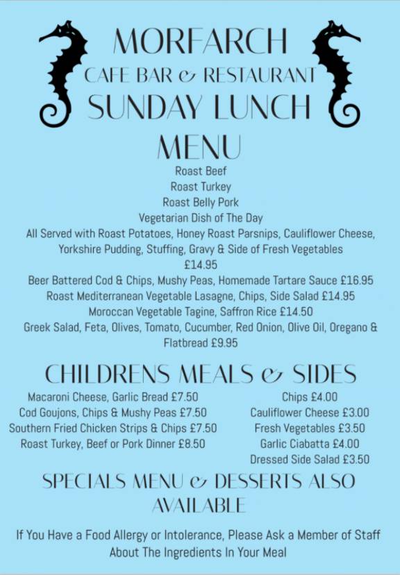 Menu at Morfarch Cafe Bar & Restaurant, Caernarfon