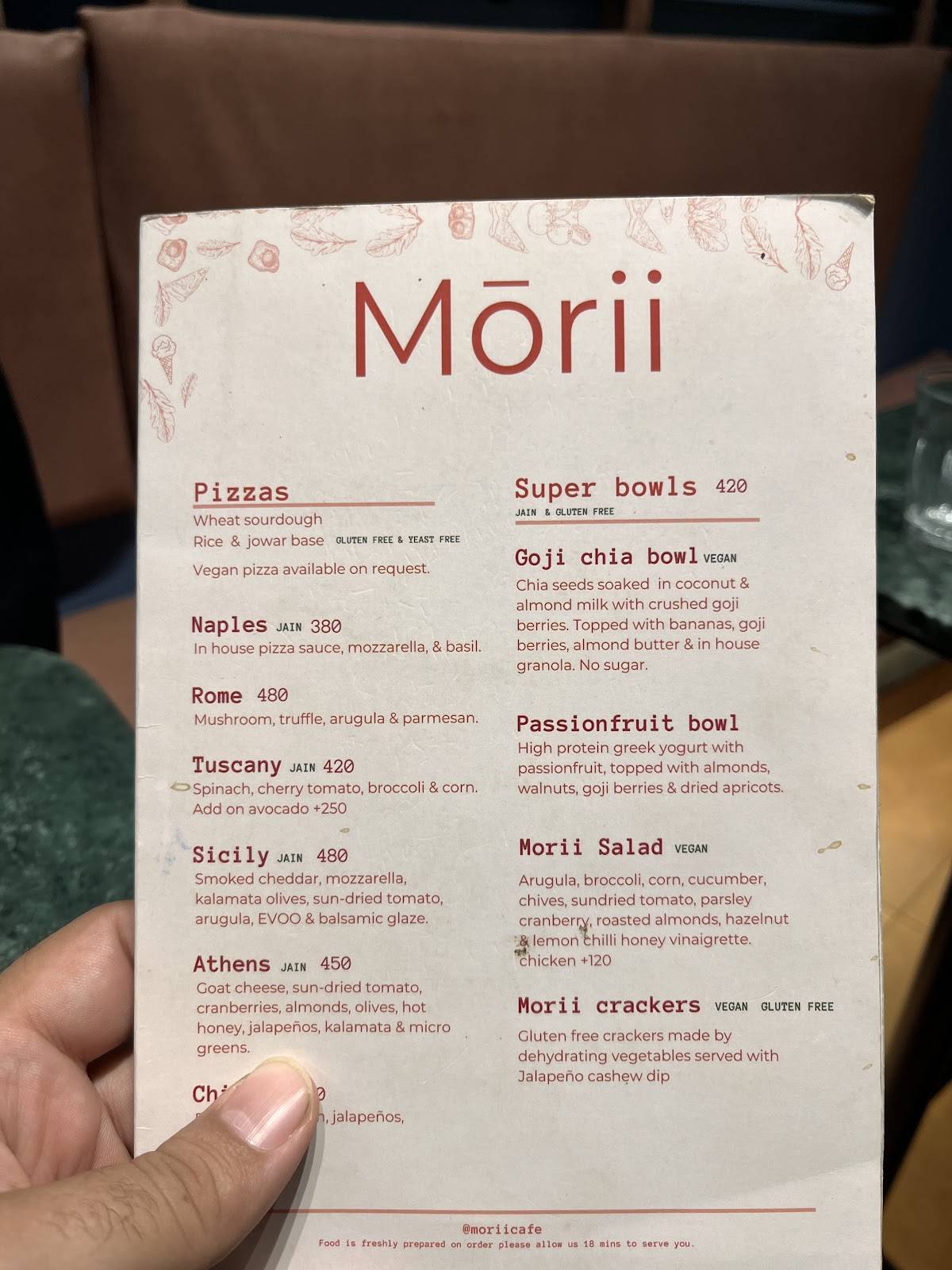 Menu at Morii cafe, Mumbai