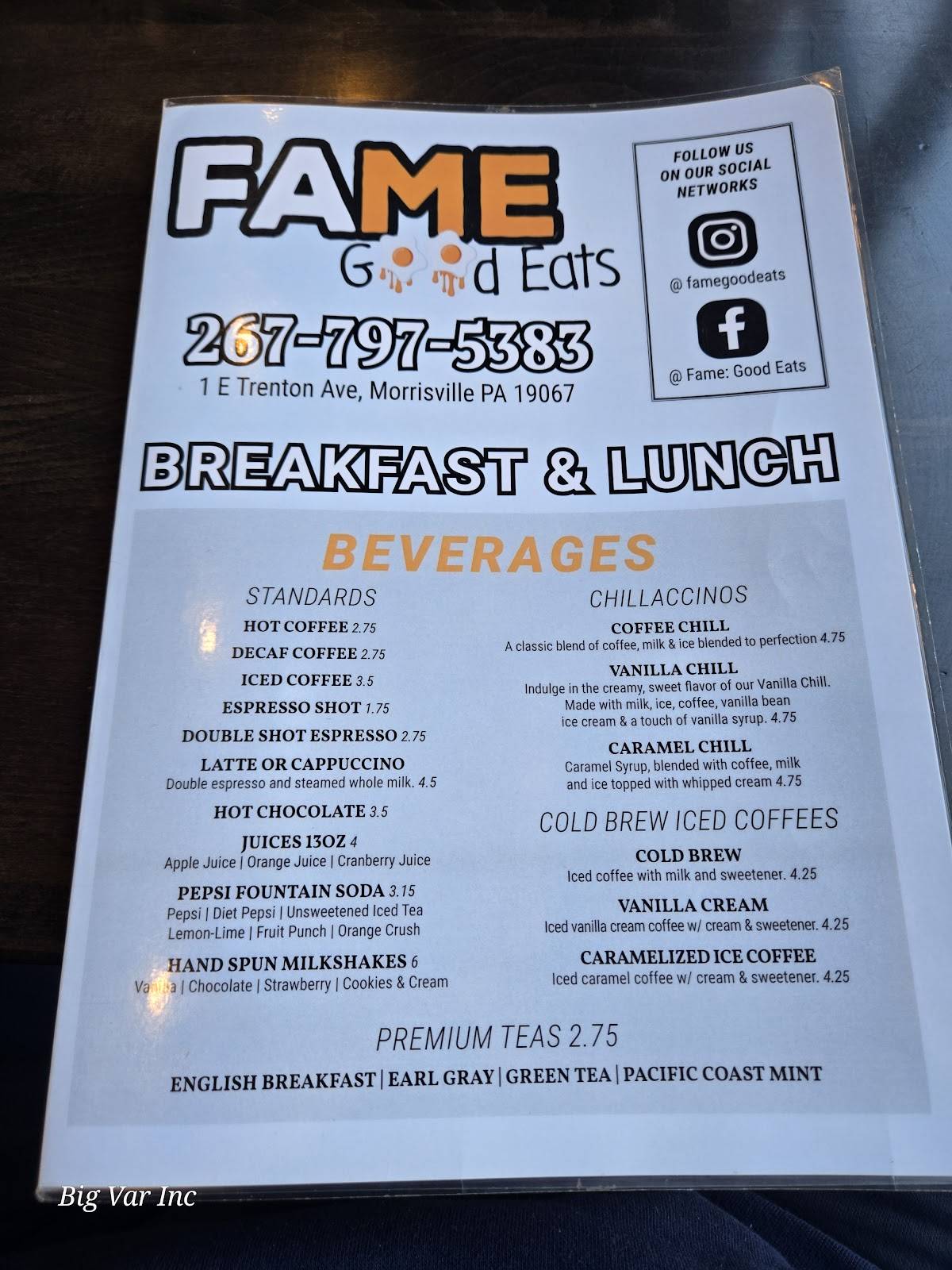 Menu at Fame: Good Eats cafe, Morrisville