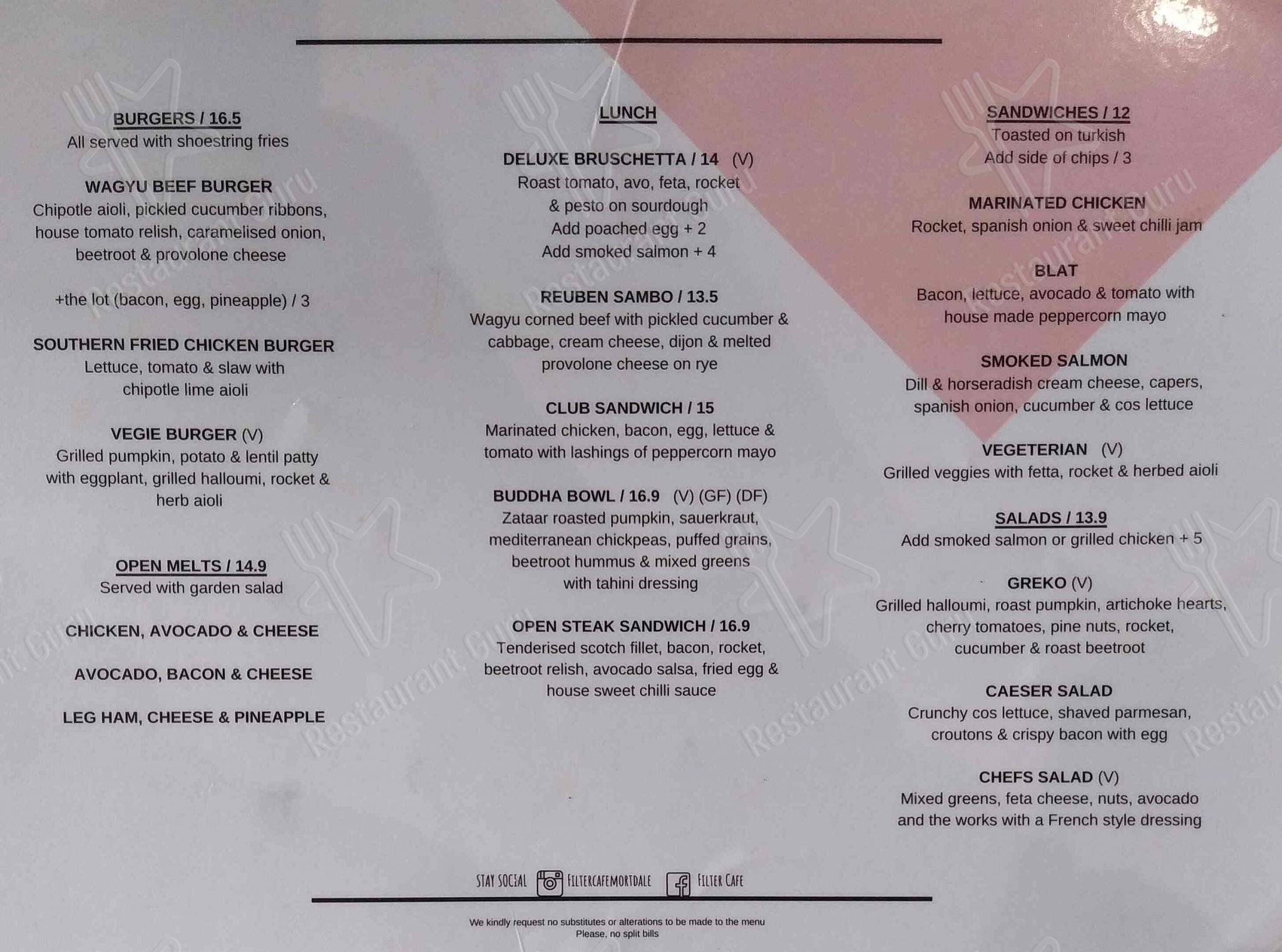 Menu at Filter Cafe, Mortdale